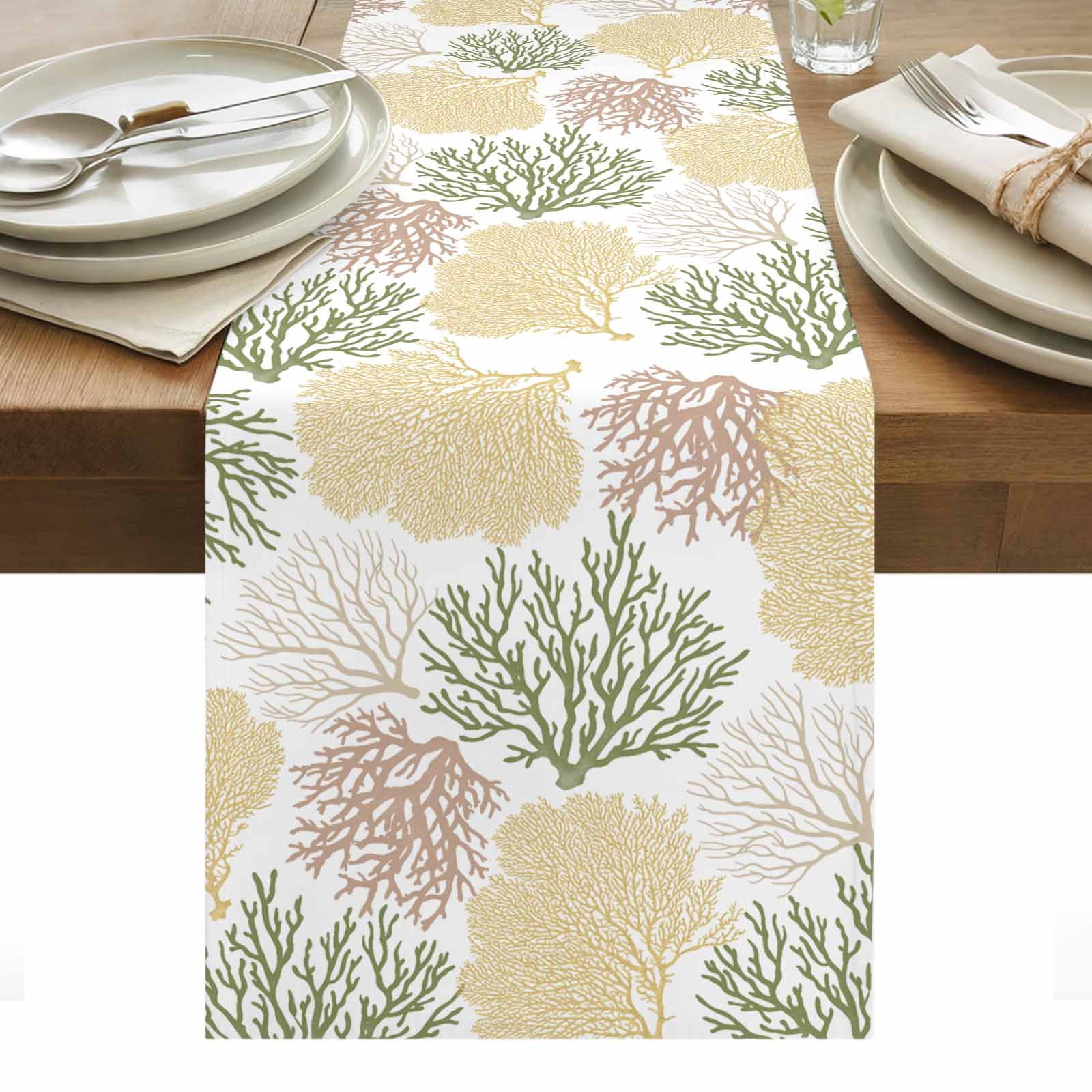 Coastal Ocean Coral Table Runner, Green Yellow Pink Theme Pattern ...