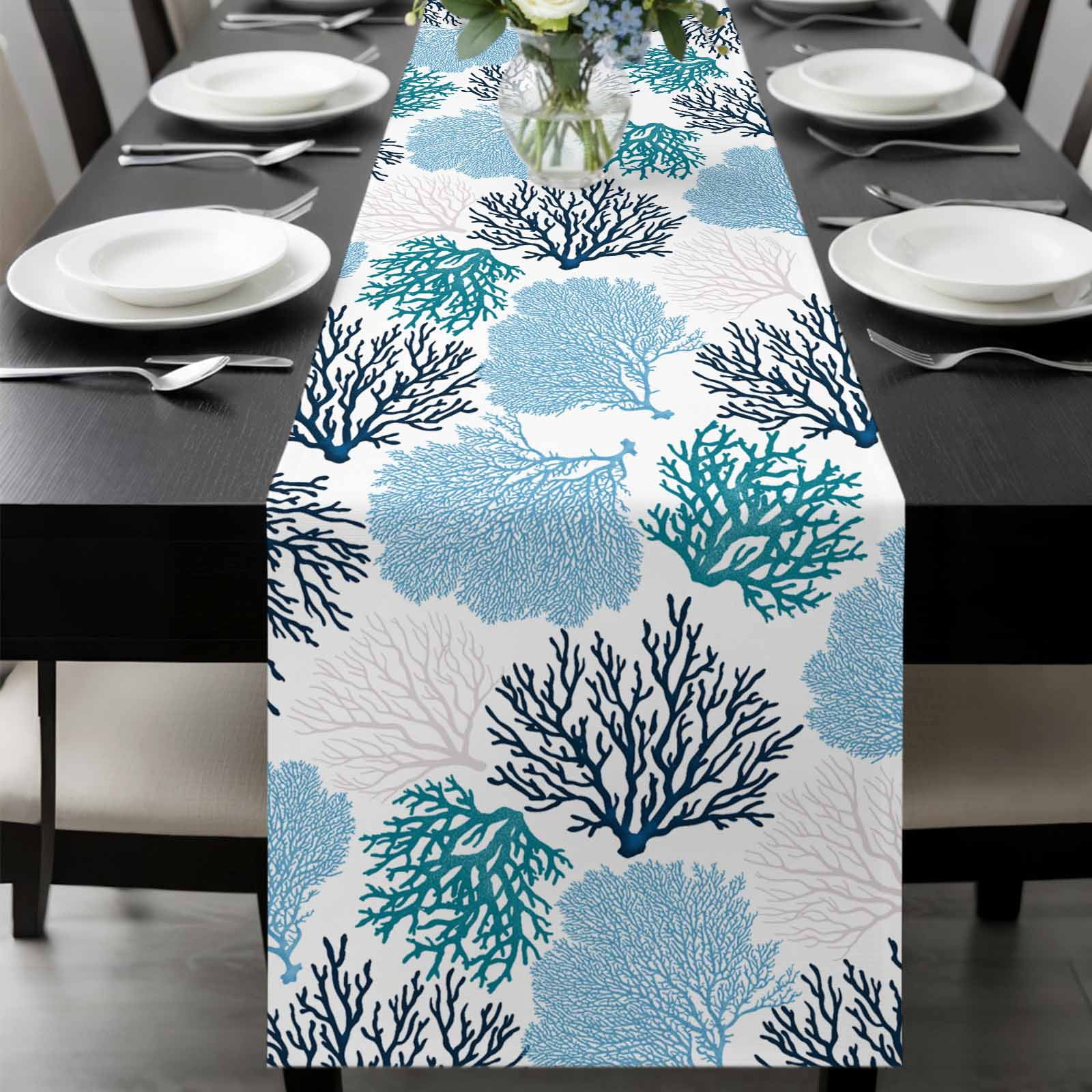 Coastal Ocean Coral Table Runner, Sea Blue Pink Theme Pattern Washable ...