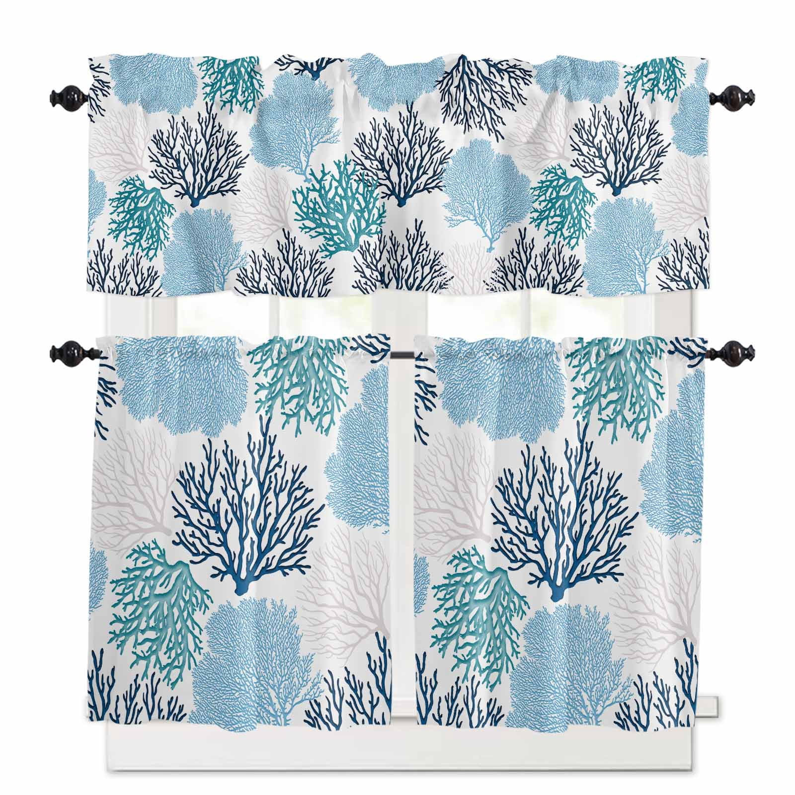 Coastal Ocean Coral Window Curtains Valance Set of 3 Sea Blue Pink ...