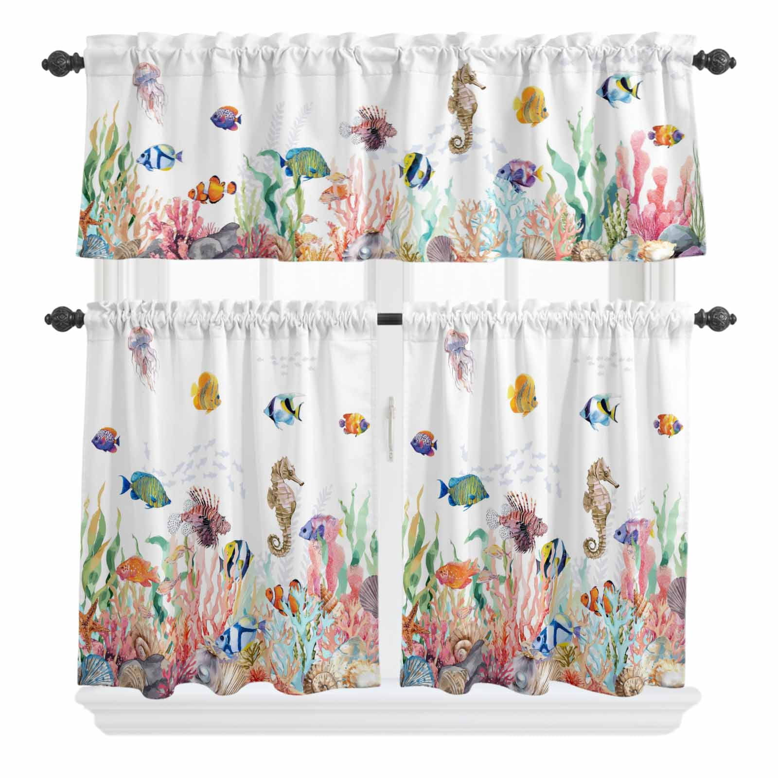 Coastal Ocean Curtain Valances Set Seahorse Coral Seaweed Seashell ...