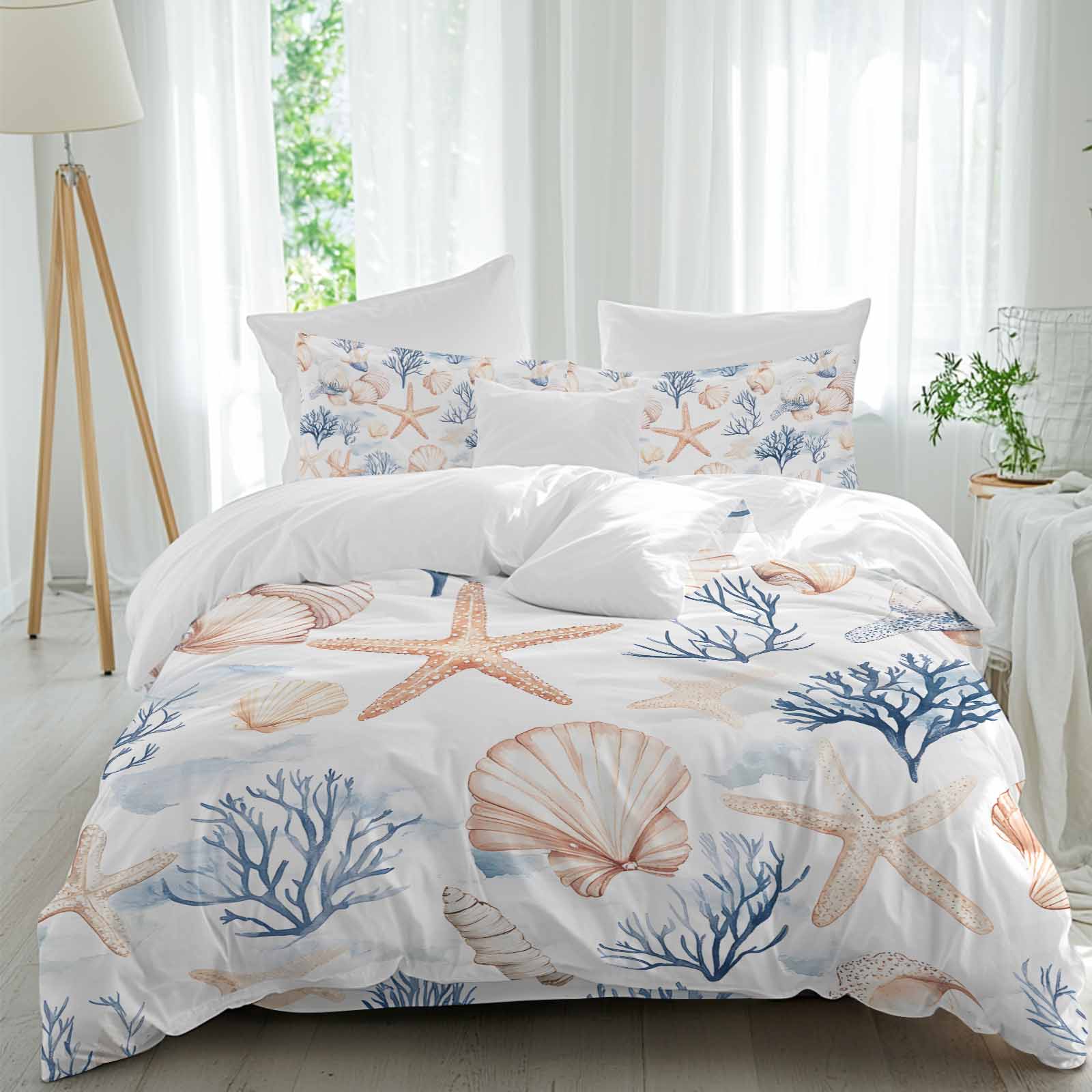 Coastal Ocean Duvet Cover Set Queen Size, Yellow Blue Starfish Shell ...