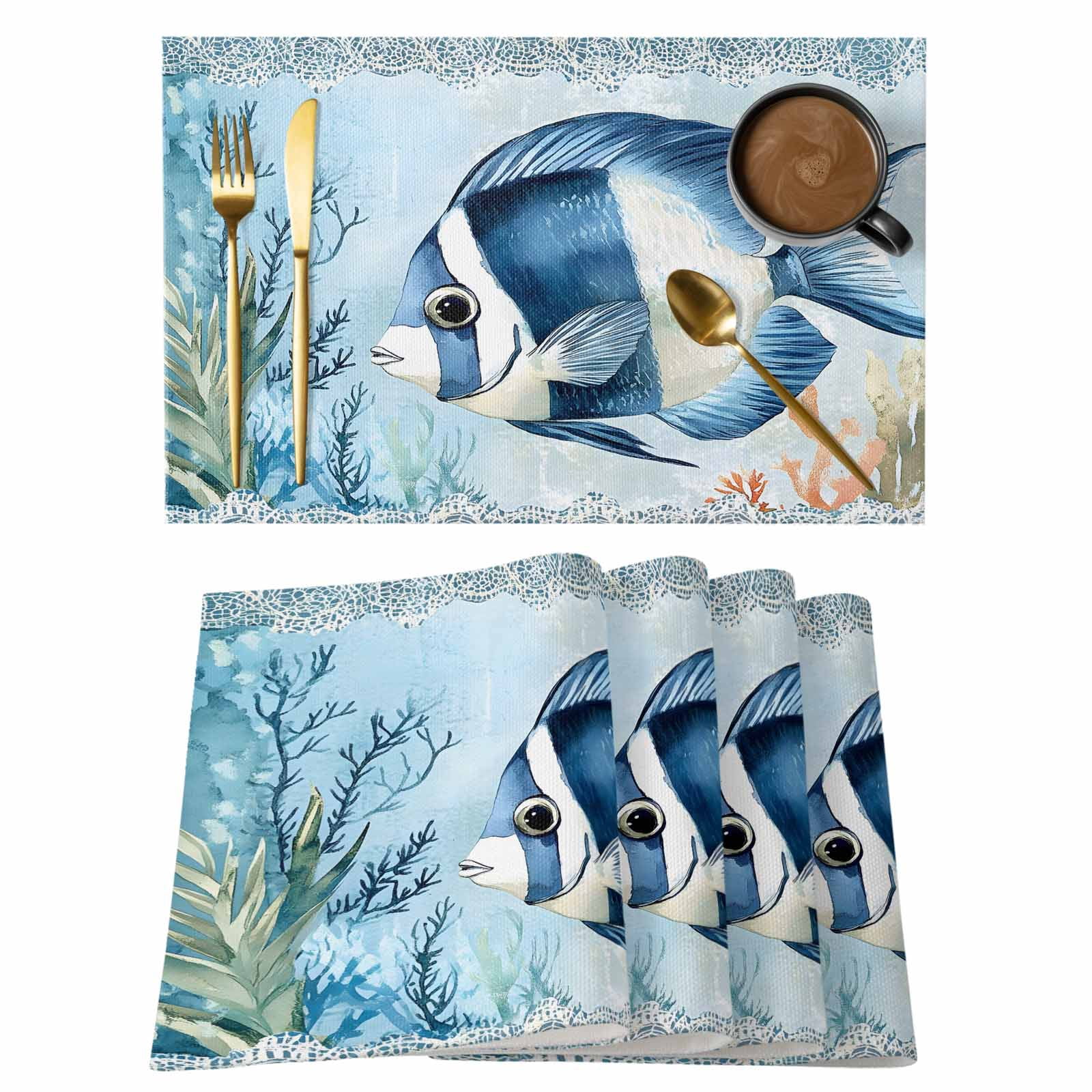Coastal Ocean Fish Placemats Set of 4 Summer Watercolor Coral Place ...