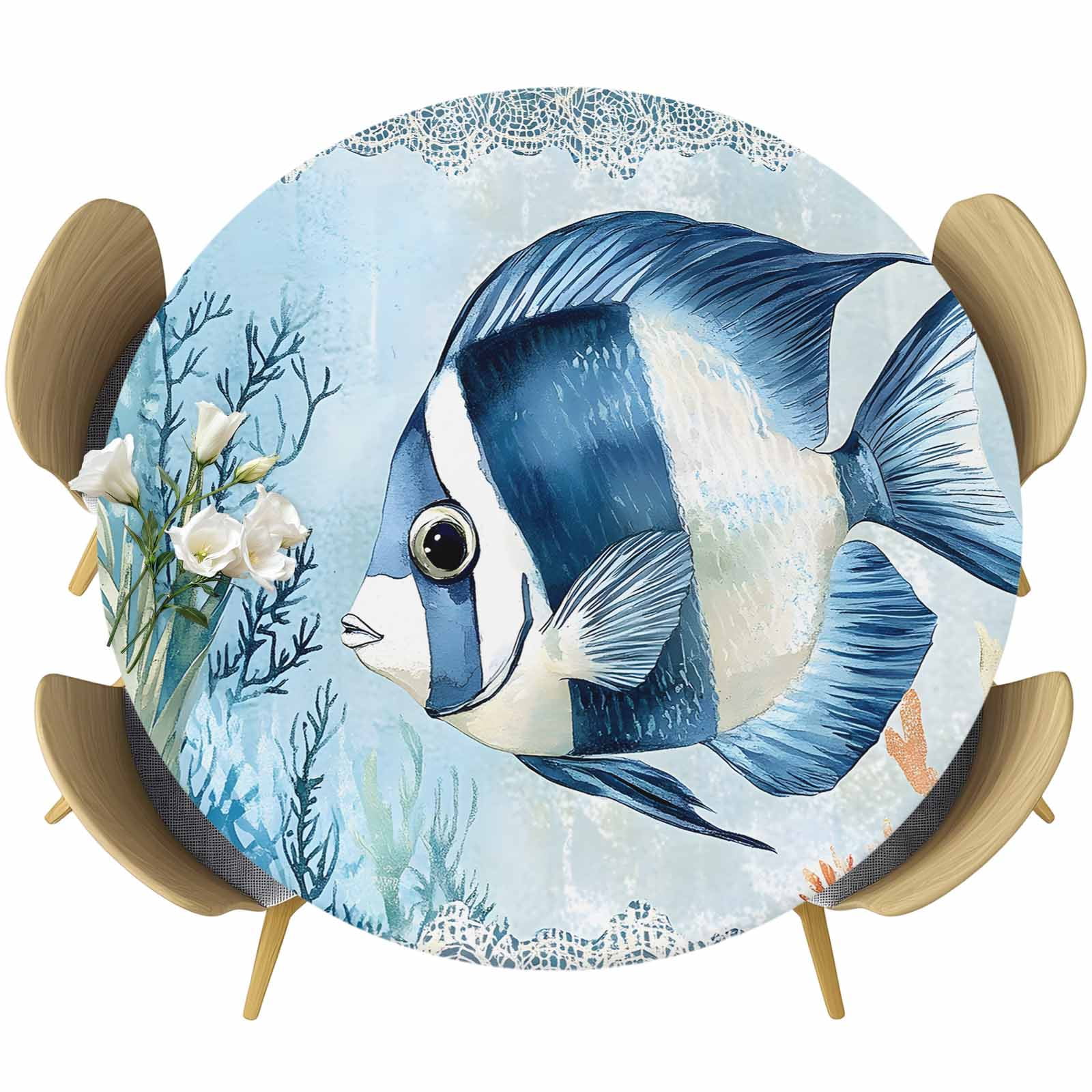 Coastal Ocean Fish Round Tablecloth 36-44 Inch Round Fitted Table Cloth with Elastic Edge ...