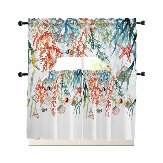 Coastal Ocean Kitchen Curtain and Valance Set 3 Pieces, Rod Pocket ...
