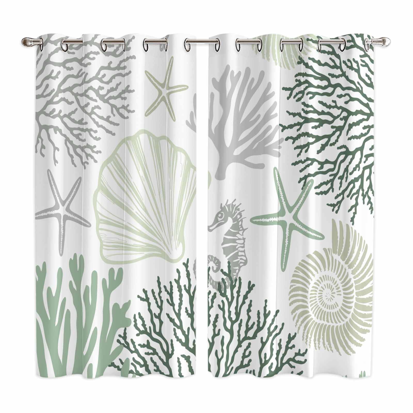 Coastal Ocean Kitchen Curtains 63 Inch Length, Sage Green Grey Coral ...