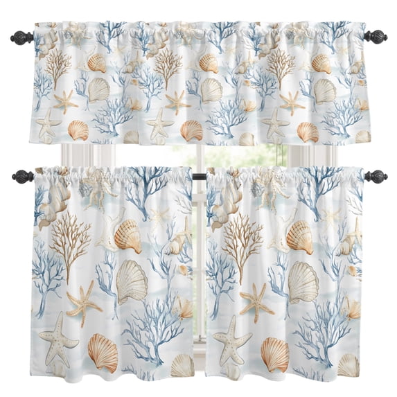 Coastal Ocean Kitchen Curtains Set for Windows, Blue Yellow Coral Shell ...
