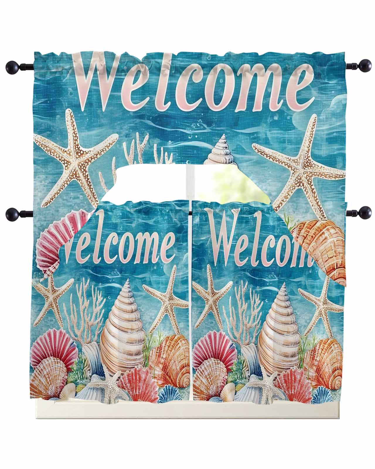 Coastal Ocean Kitchen Curtains Sets 36 Inch Length with Valance, Summer ...