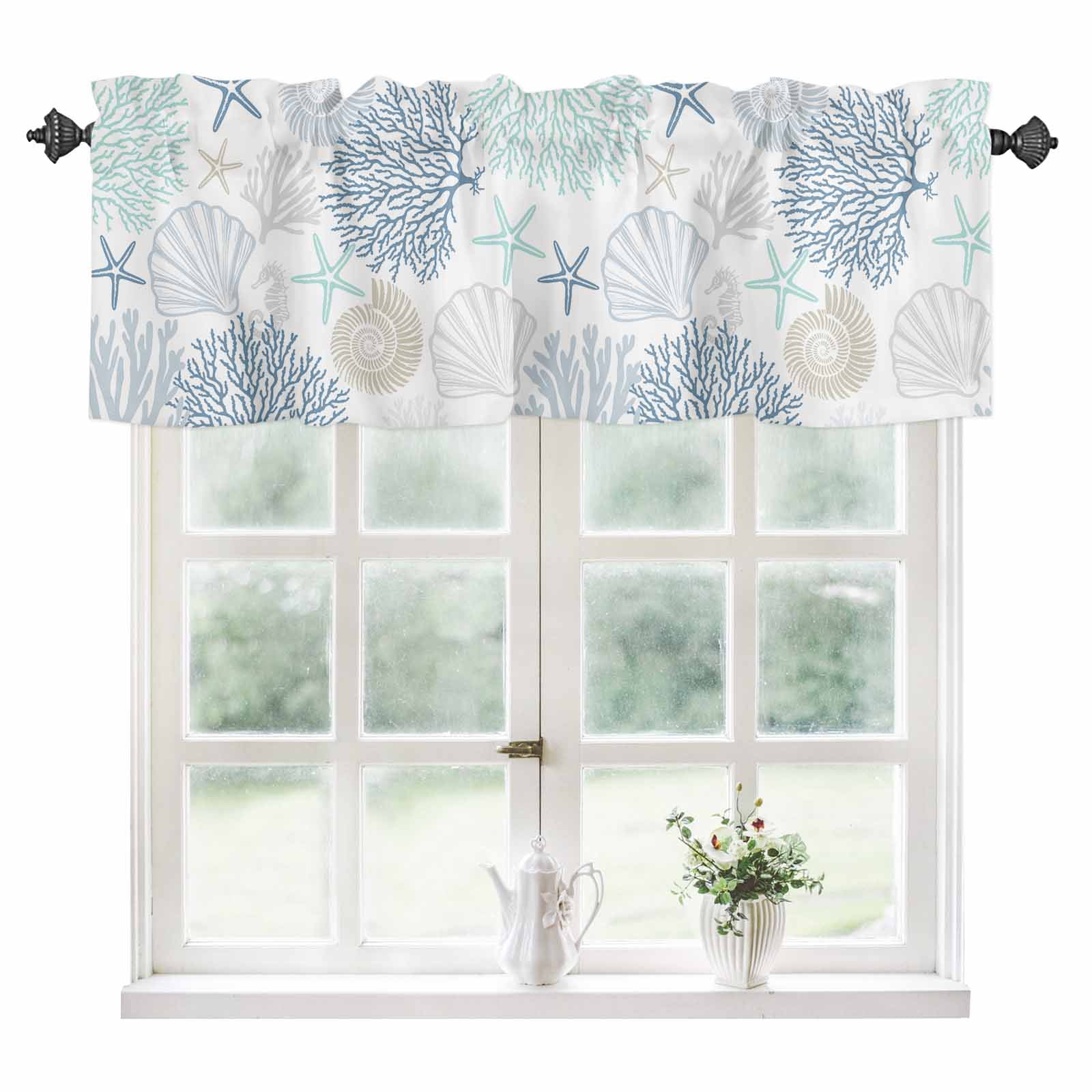 Coastal Ocean Kitchen Valances for Windows 42x12 Inch Kitchen Curtains Valances Rod Pocket Blue ...
