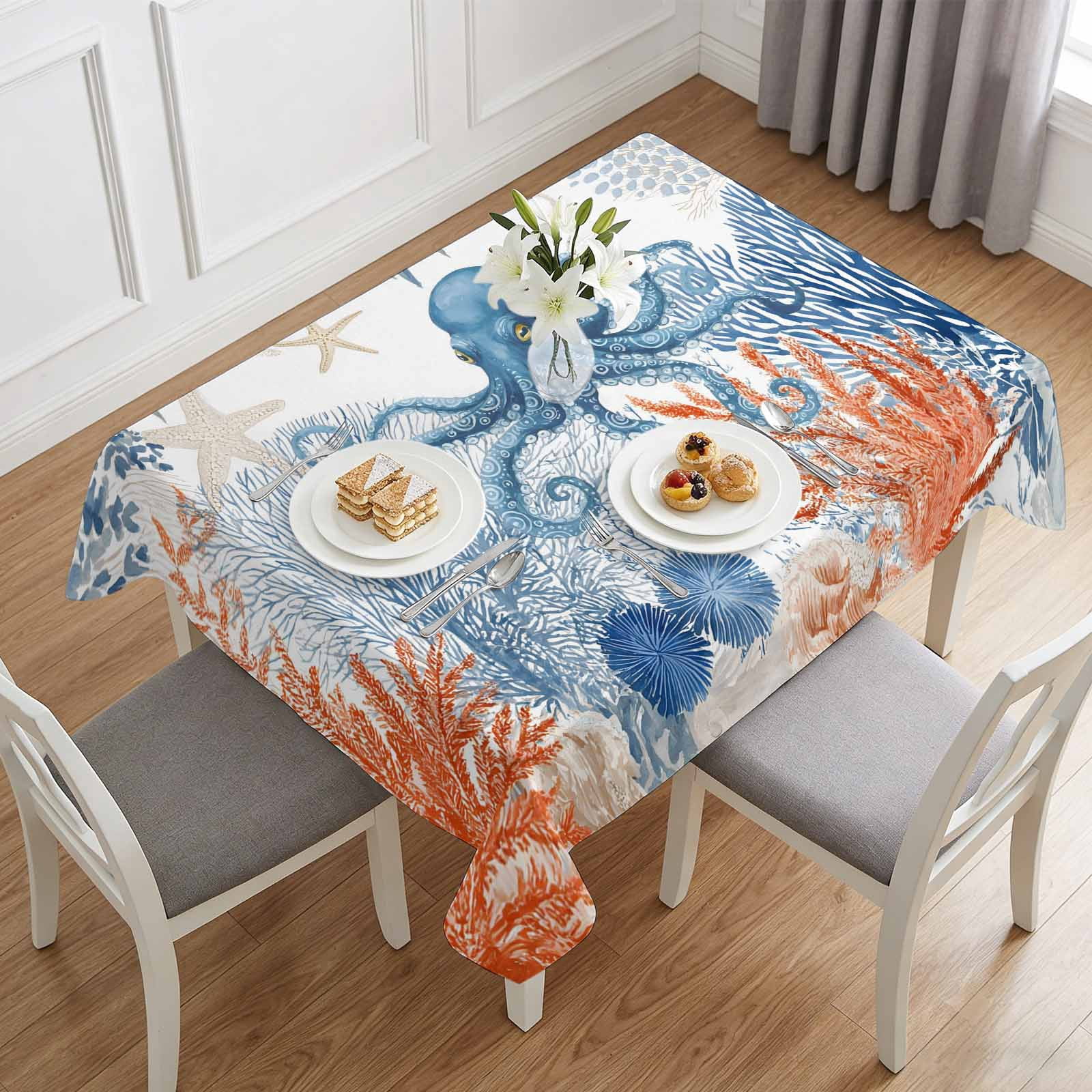 Coastal Ocean Octopus Coral Shell Table Cloth 60x84in, Waterproof ...
