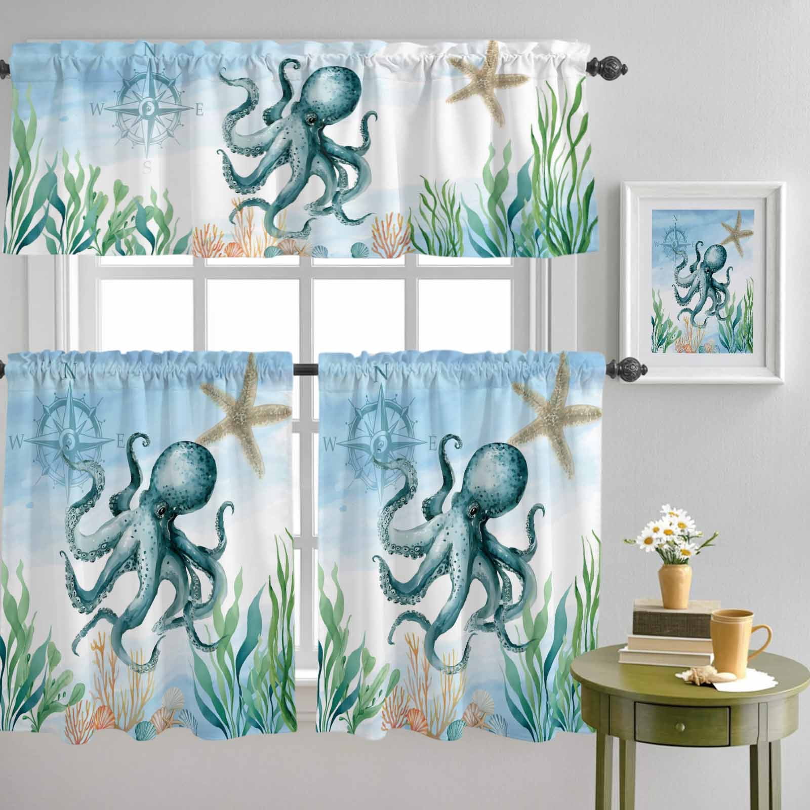 Coastal Ocean Octopus Sea Monster Curtain Tier and Valance Set 3 Piece ...