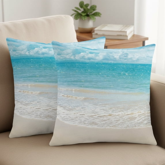 Coastal Ocean Pillow Covers Set of 2, Ocean Waves Beach Sea Shore 20x20 ...