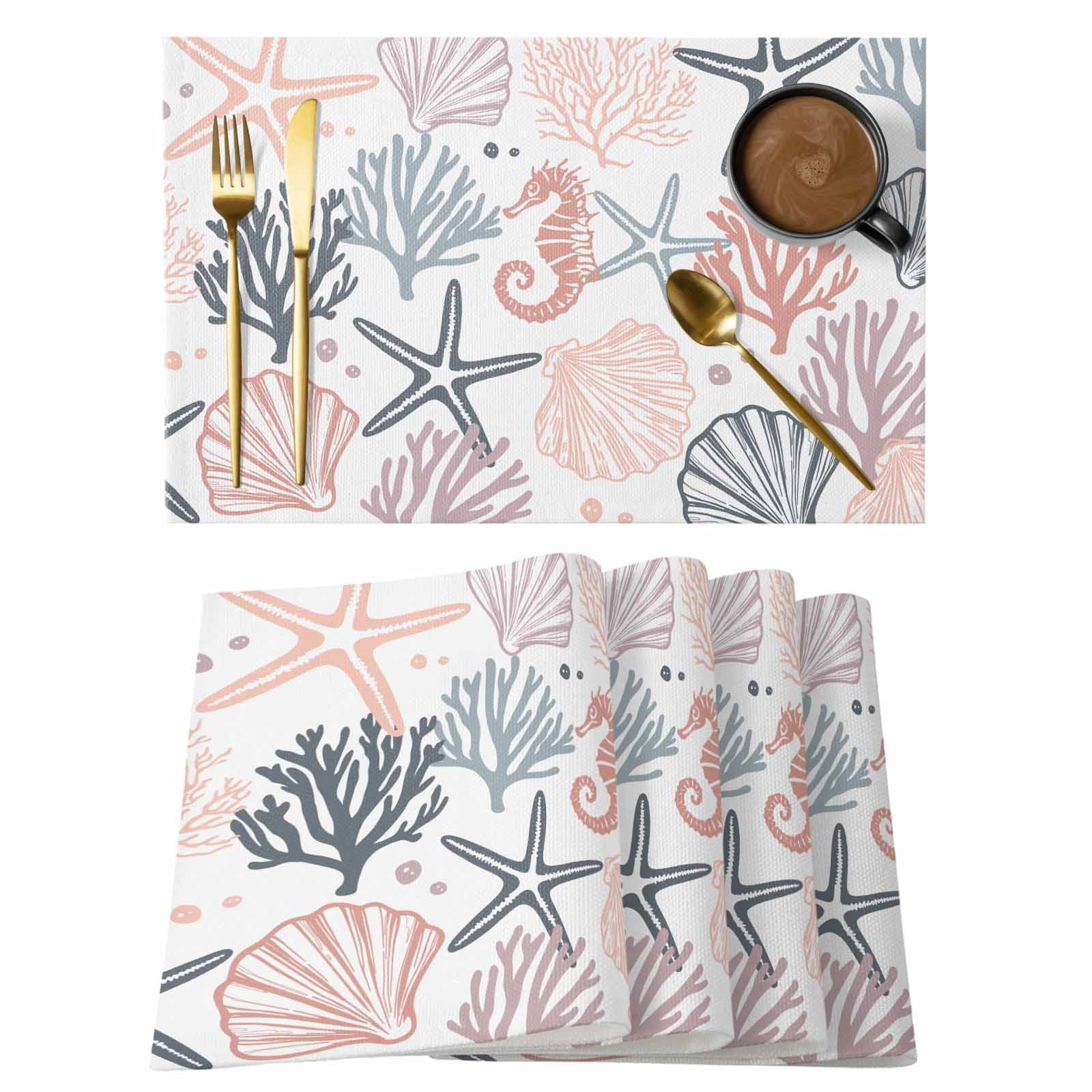 Coastal Ocean Placemats Set of 12 Green Pink Coral Starfish Seahorse ...