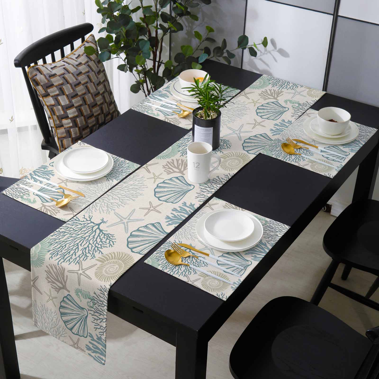 Coastal Ocean Placemats Set of 6 with 70 Inches Long Table Runners ...
