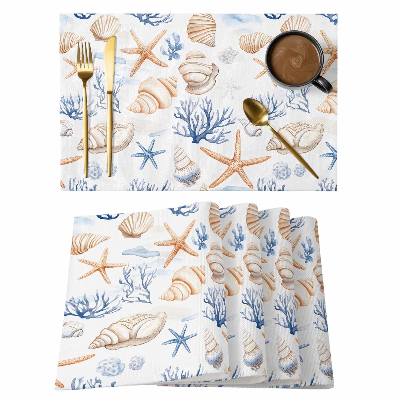 Coastal Ocean Placemats Set of 6 Ombre Coral Starfish Shell Blue Beach ...