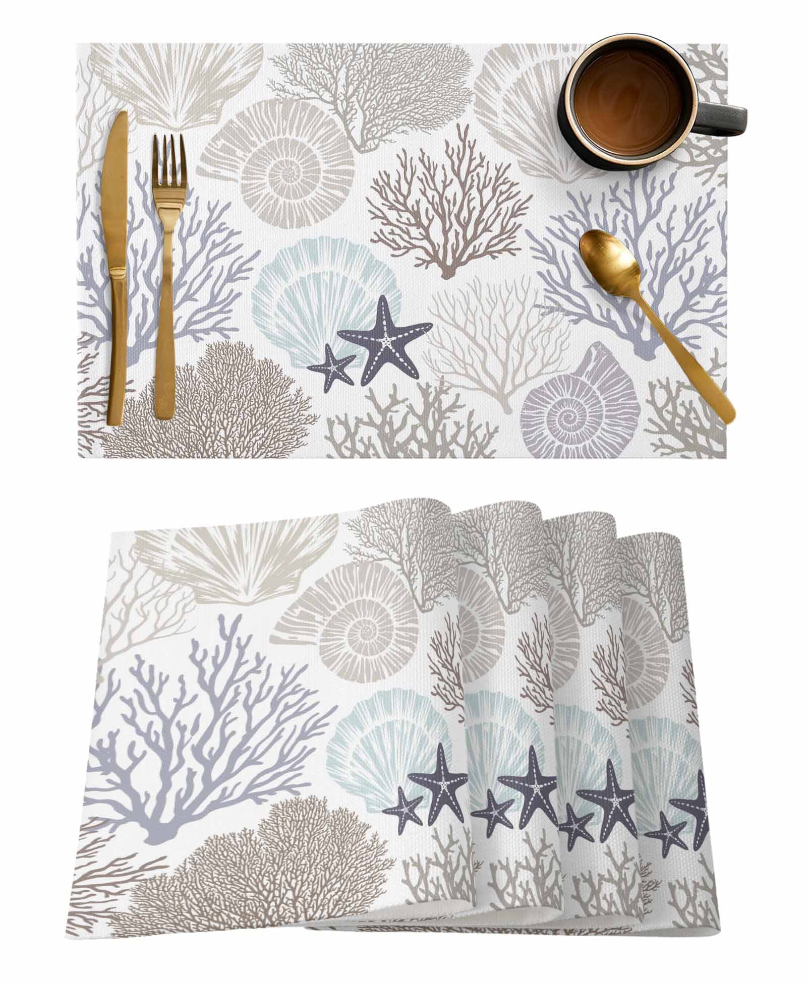 Coastal Ocean Placemats Set of 8 Starfish Shell Coral Modern Art Heat ...