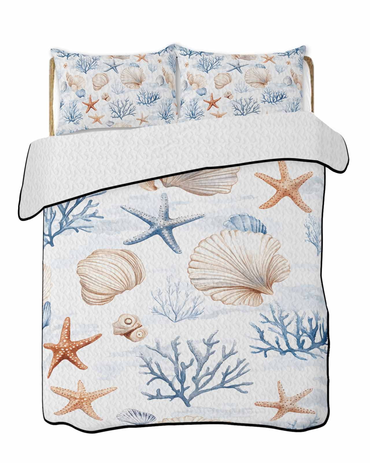 Coastal Ocean Quilts Bedding Set Full Size Orange Blue Coral Shell ...