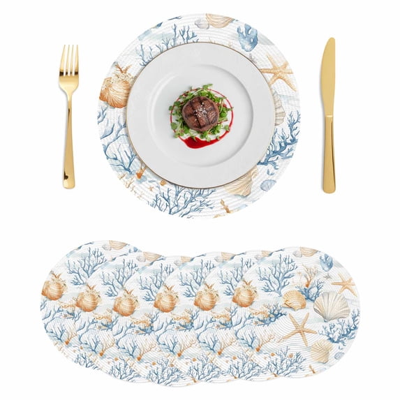 Coastal Ocean Round Placemats Set of 6 Blue Coral Starfish Shell Beach ...