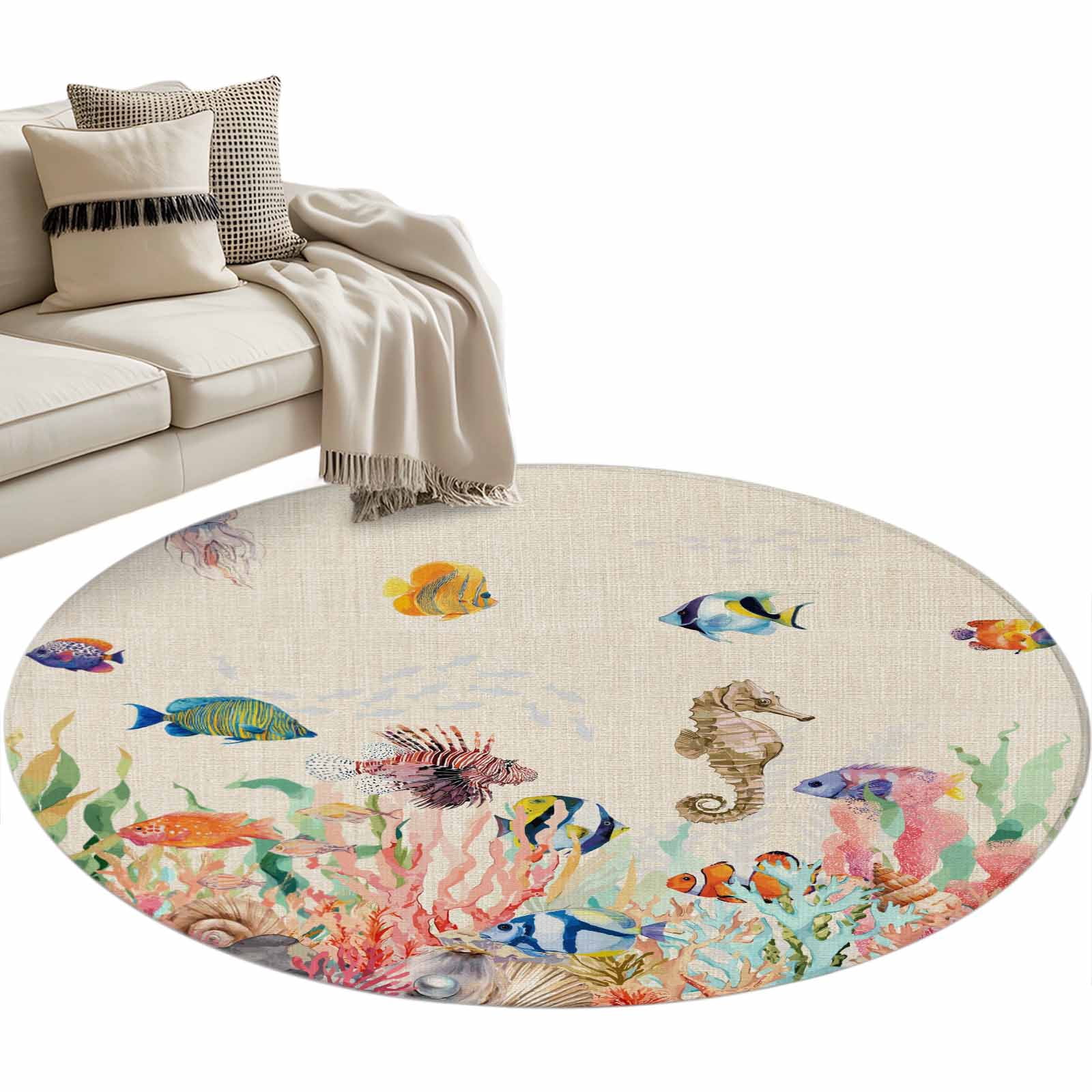 Coastal Ocean Round Area Rug 3 ft Seahorse Coral Seaweed Seashell Fish ...