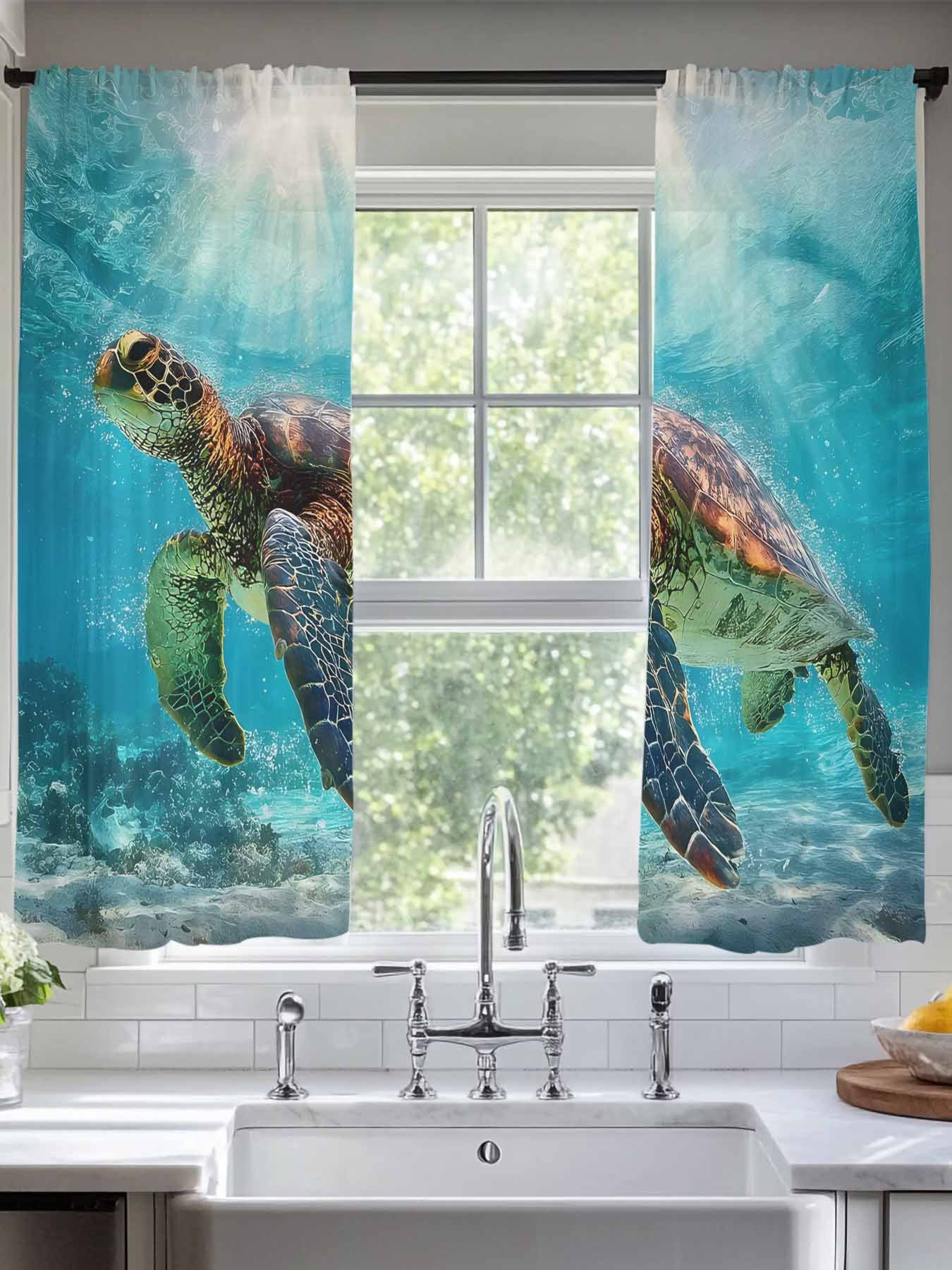 Coastal Ocean Sea Turtle Chiffon Sheer Curtains 72 Inches Long Summer ...