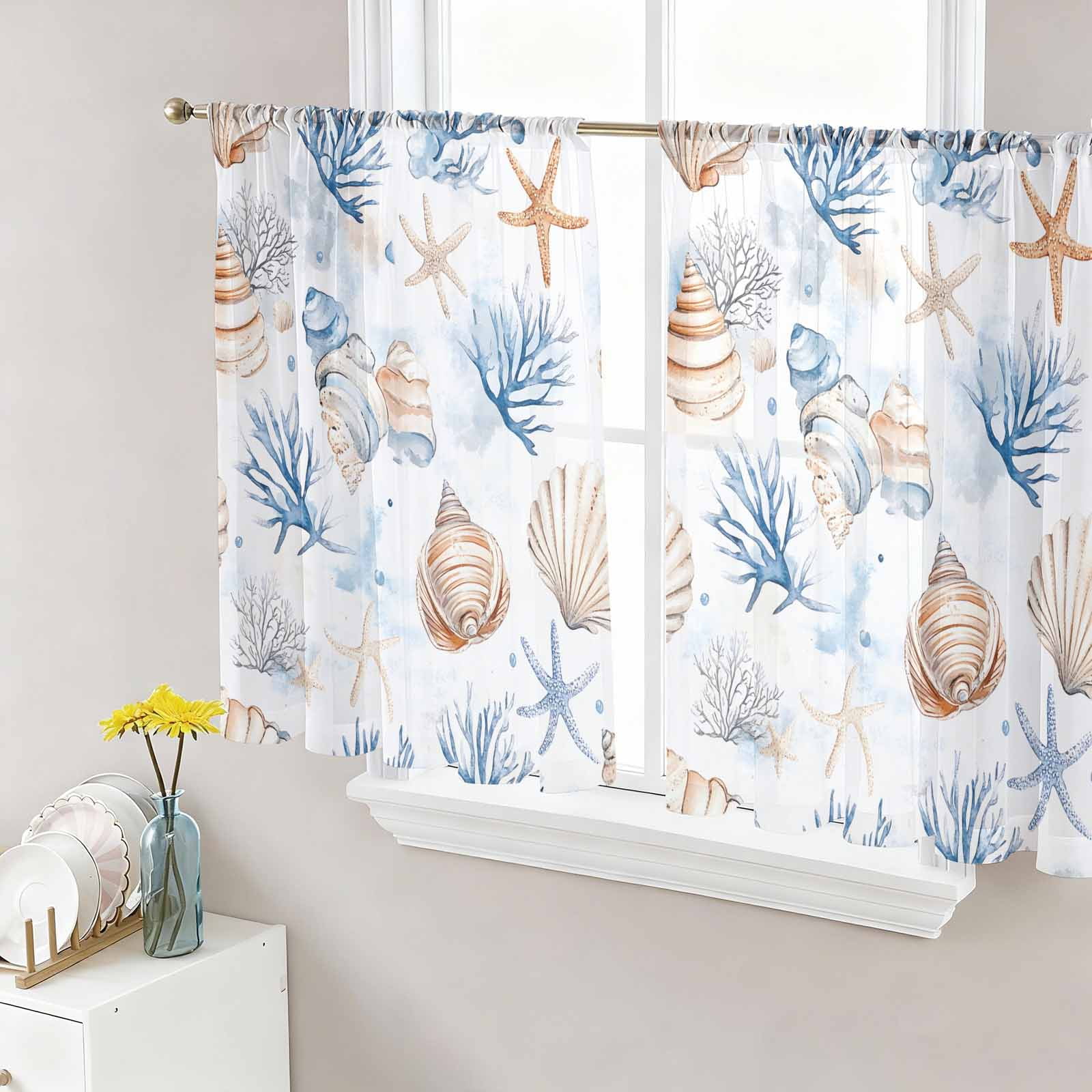 Coastal Ocean Semi Sheer Curtains 45 Inch Length 2 Panels Set, Blue ...