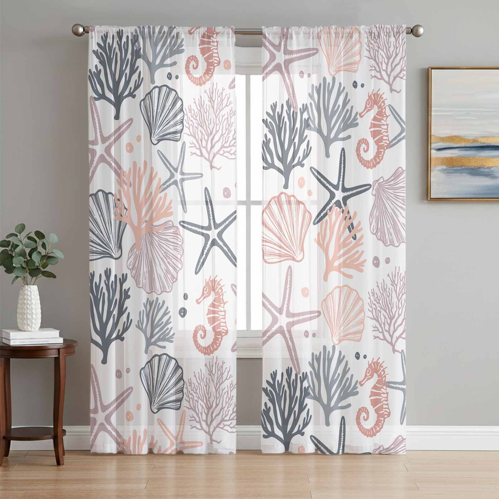Coastal Ocean Semi Sheer Curtains 72 Inch Length 2 Panels Set, Green ...