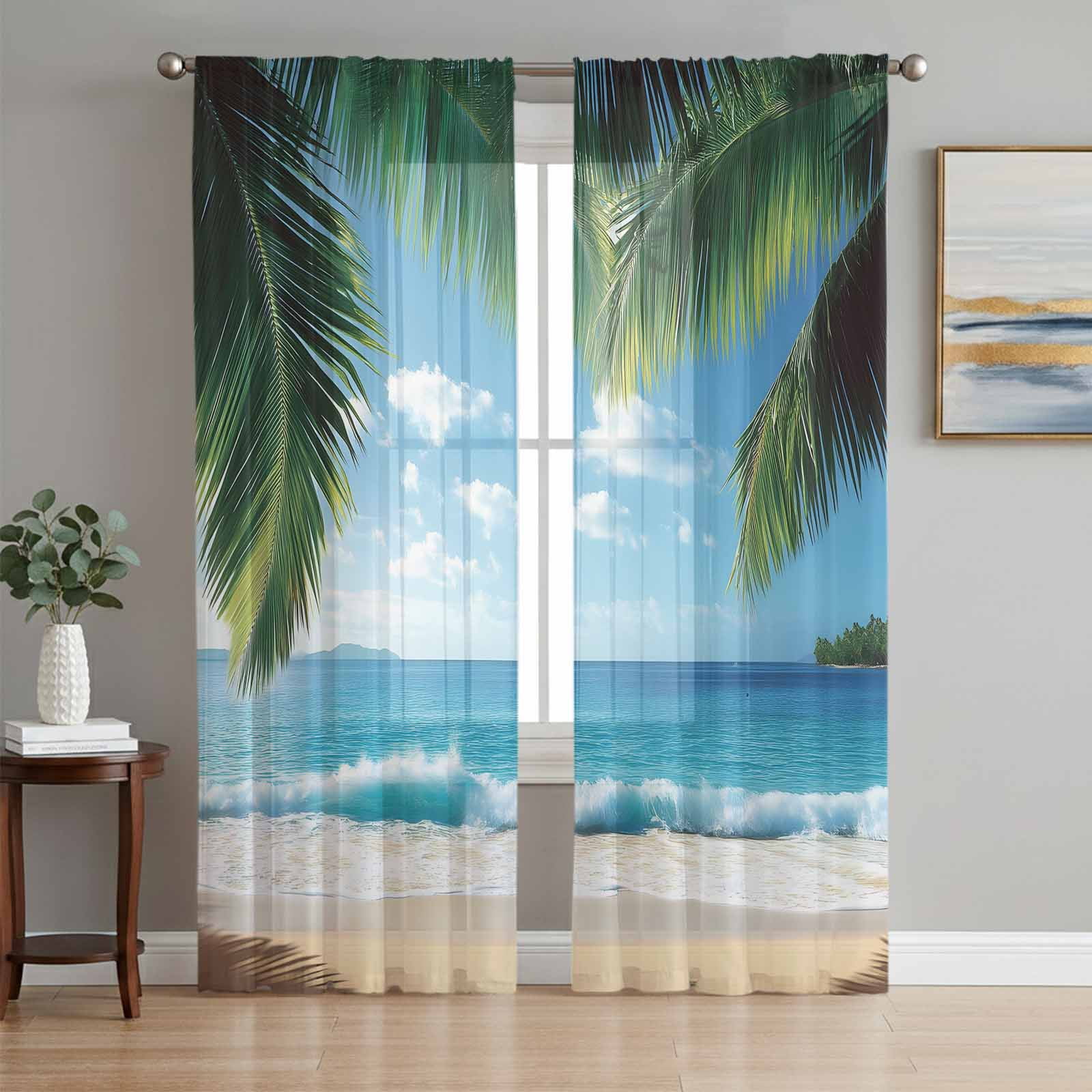 Coastal Ocean Semi Sheer Curtains 84 Inch Length 2 Panels Set, Sandy ...