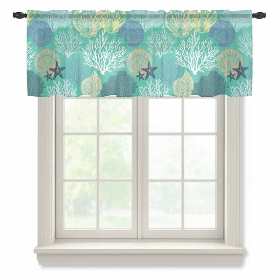 Coastal Ocean Semi Sheer Valance Curtains Starfish Shell Coral Green ...