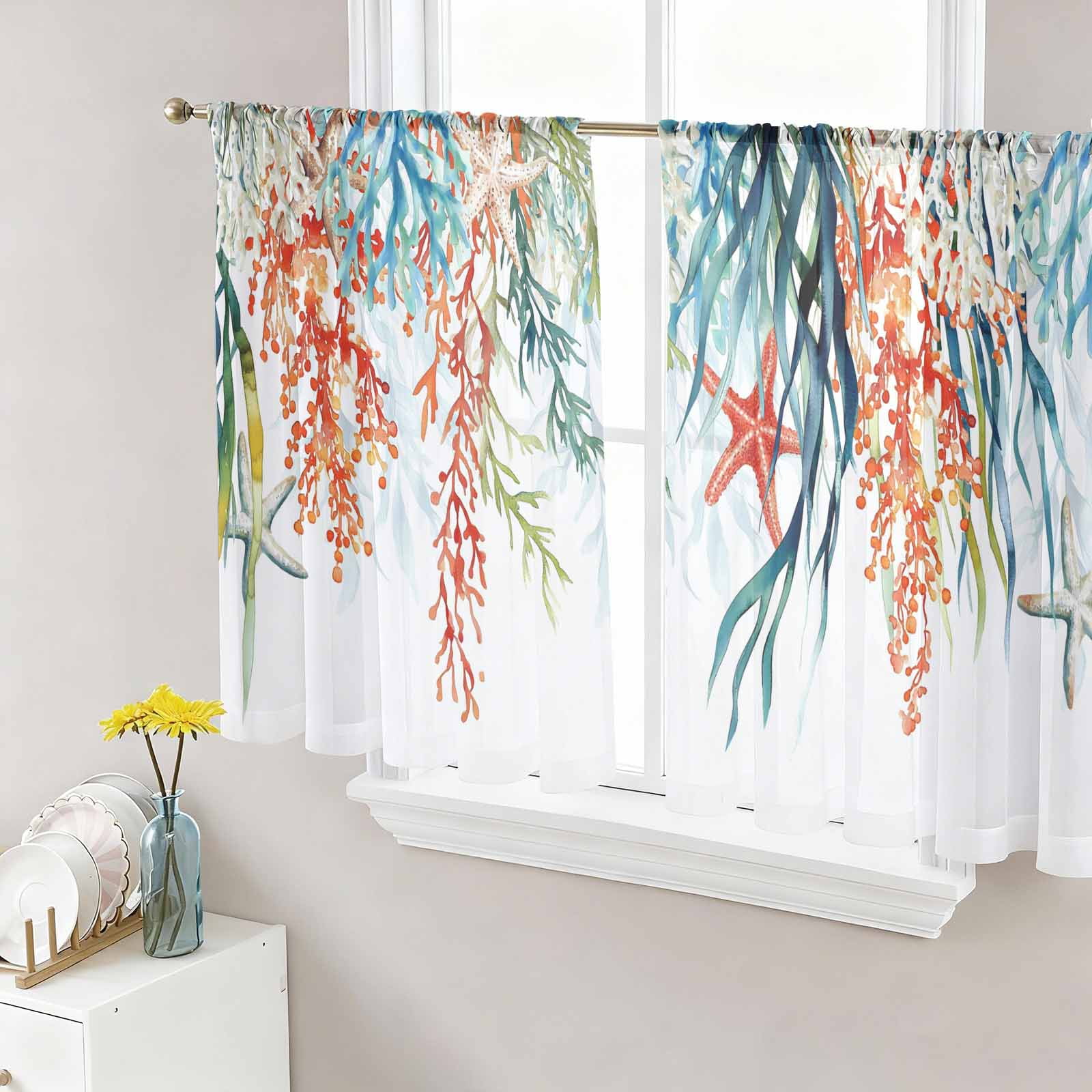 Coastal Ocean Semi Sheer Window Curtains 54 Inches Long, Summer Beach ...