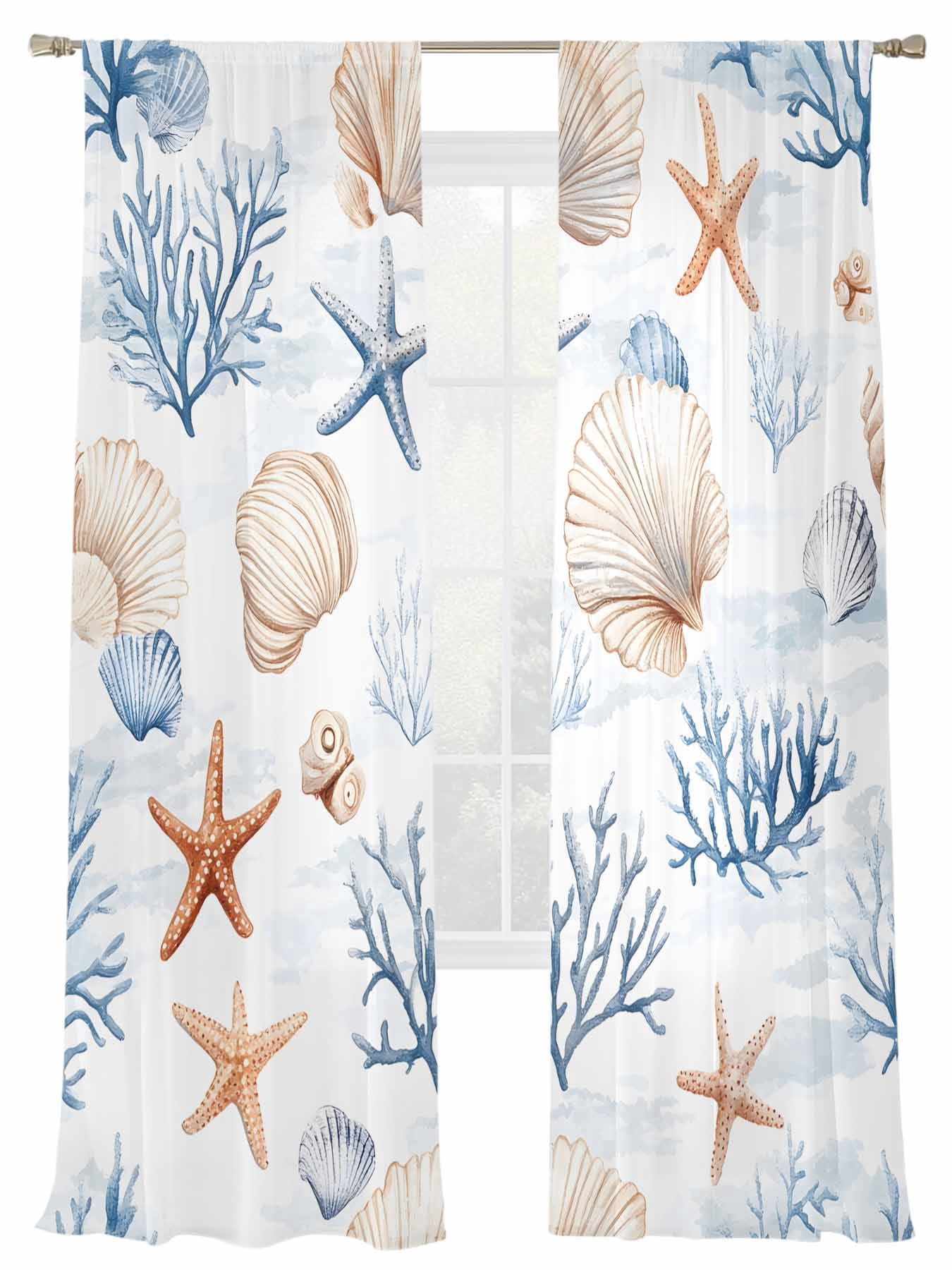 Coastal Ocean Sheer Curtains 84 Inch Long 2 Panels, Orange Blue Coral ...