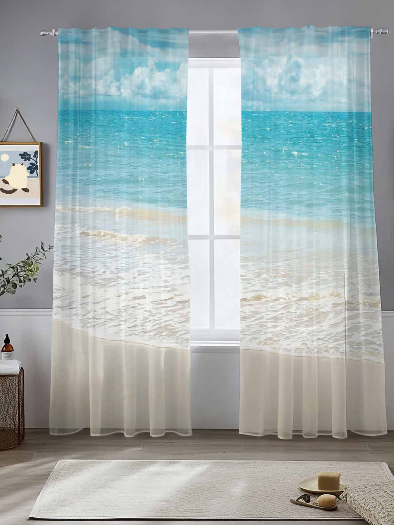 Coastal Ocean Sheer Curtains 84 inches Long, Ocean Waves Beach Sea ...