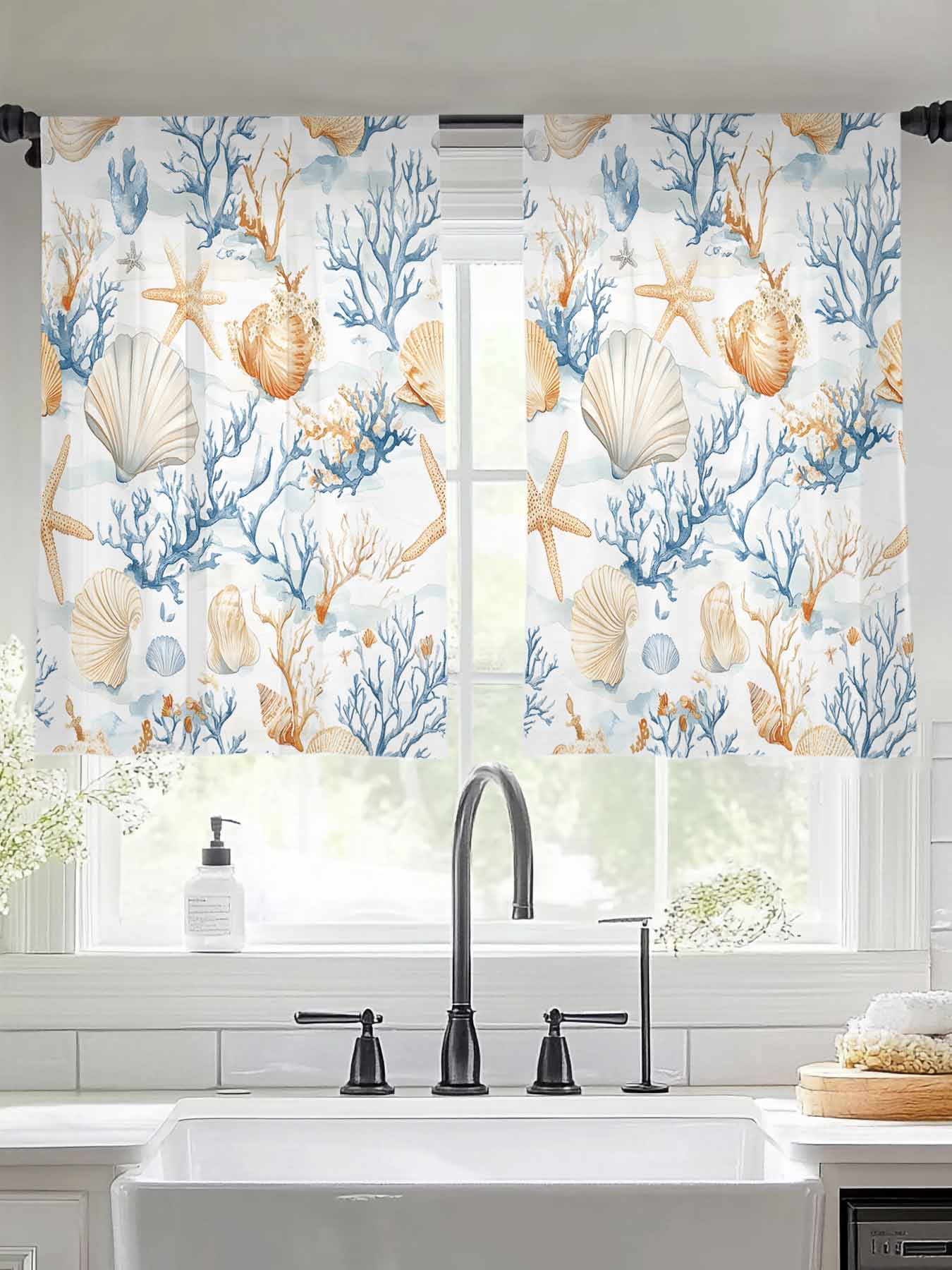 Coastal Ocean Sheer Curtains for Living Room Bedroom Blue Coral ...