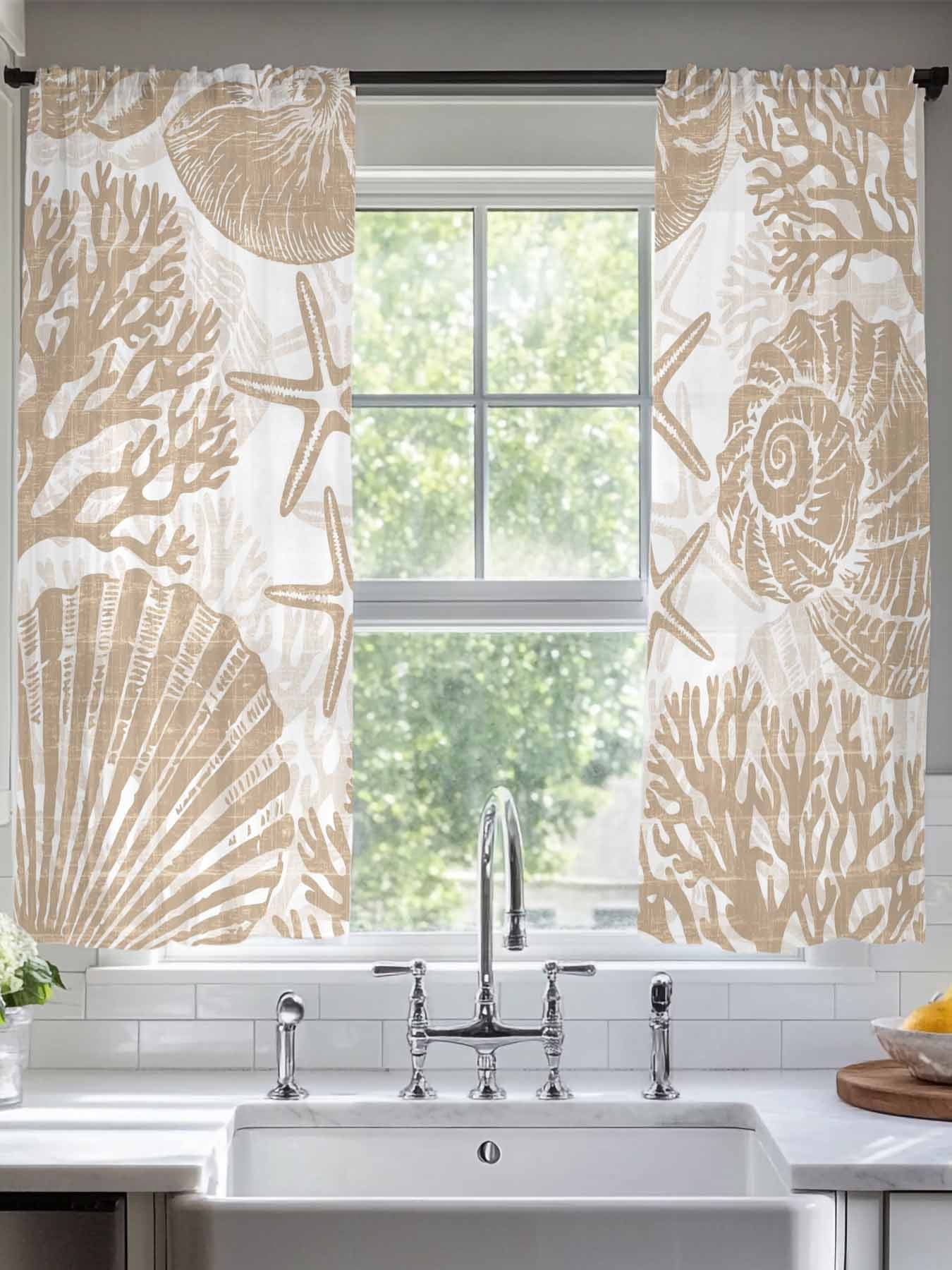 Coastal Ocean Shell Coral Starfish Chiffon Sheer Curtains 72 Inches ...