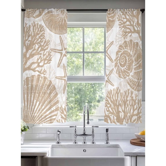 Coastal Ocean Shell Coral Starfish Chiffon Sheer Curtains 72 Inches ...