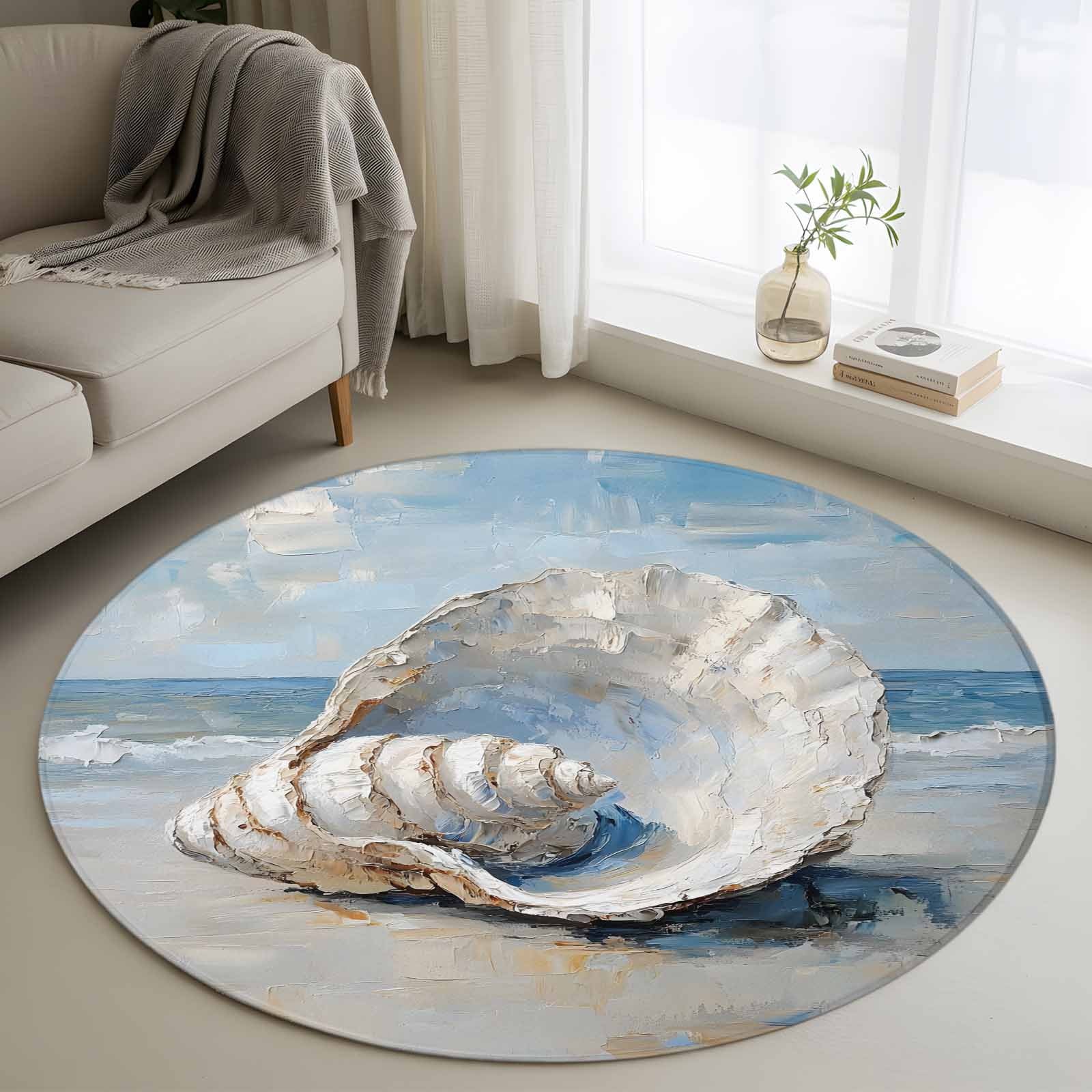 Coastal Ocean Shells Round Rug 4ft Washable Circle Entryway Rugs Non ...