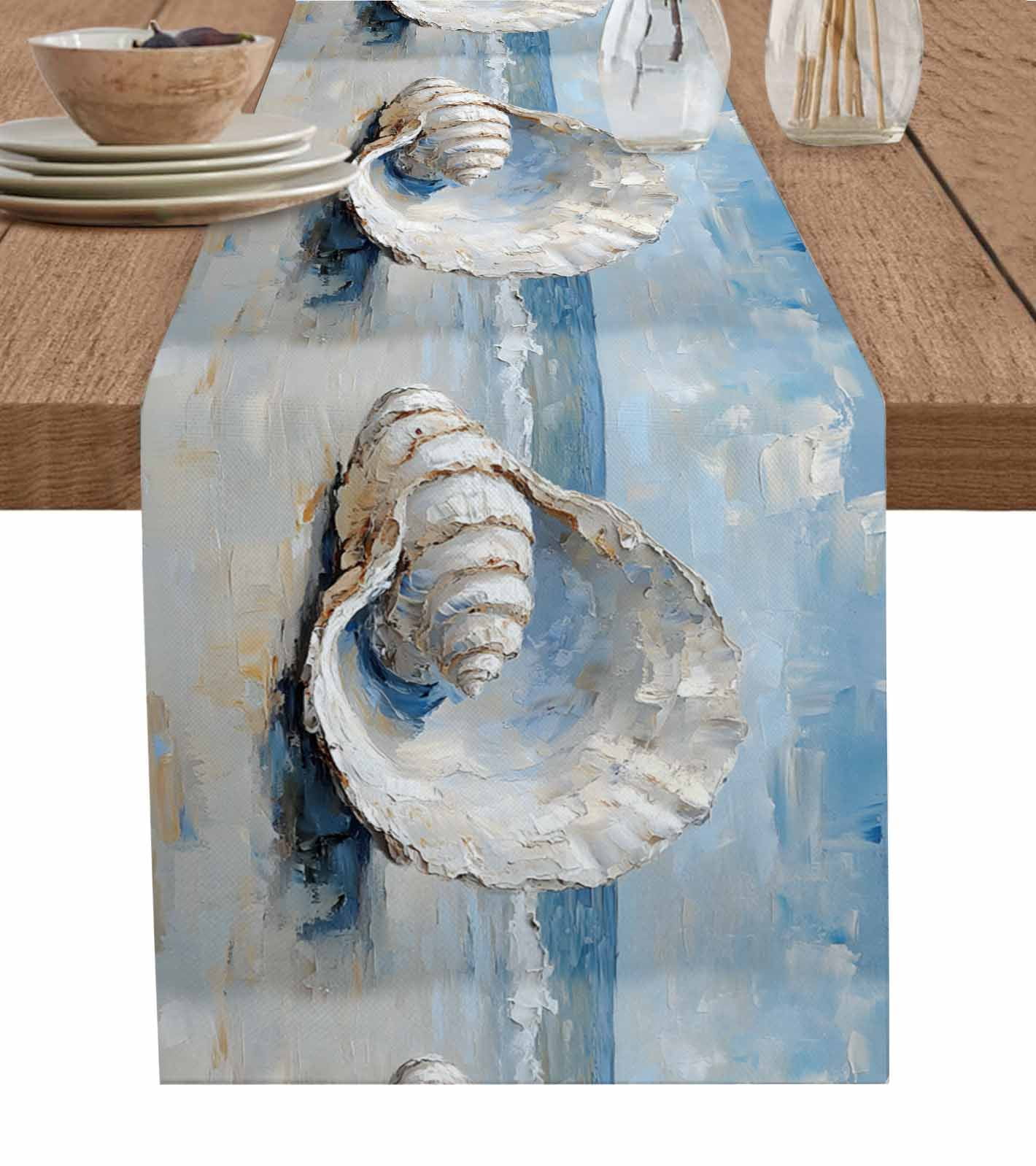 Coastal Ocean Shells Table Runner 90 Inches, Modern Beach Oil Abstract ...