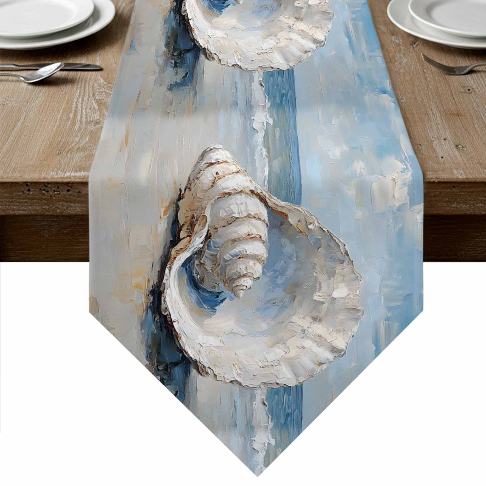 Coastal Ocean Shells Table Runner Linen Burlap Table Runner 70 Inches ...