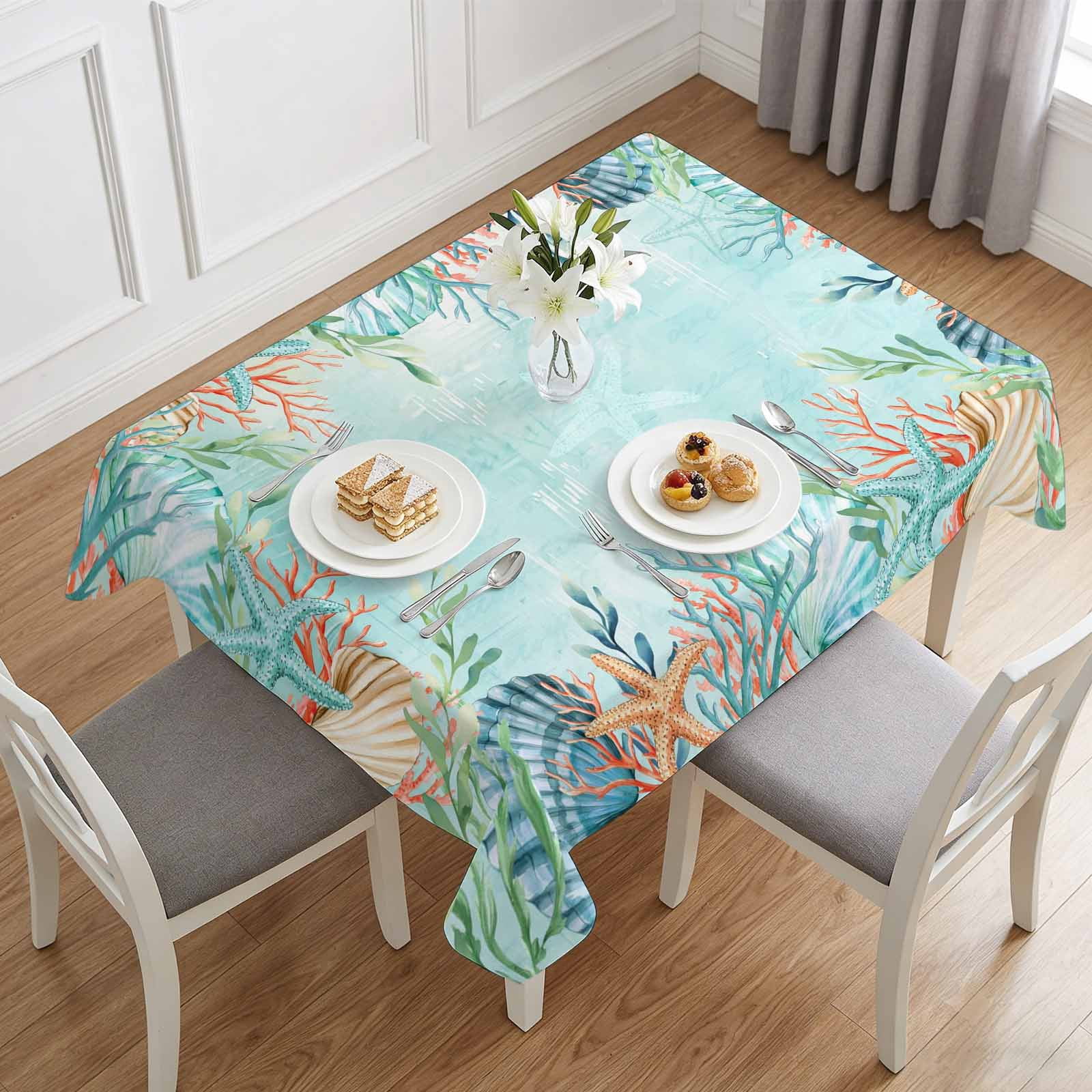 Coastal Ocean Starfish Coral Table Cloth 60x84in, Waterproof Rectangle ...