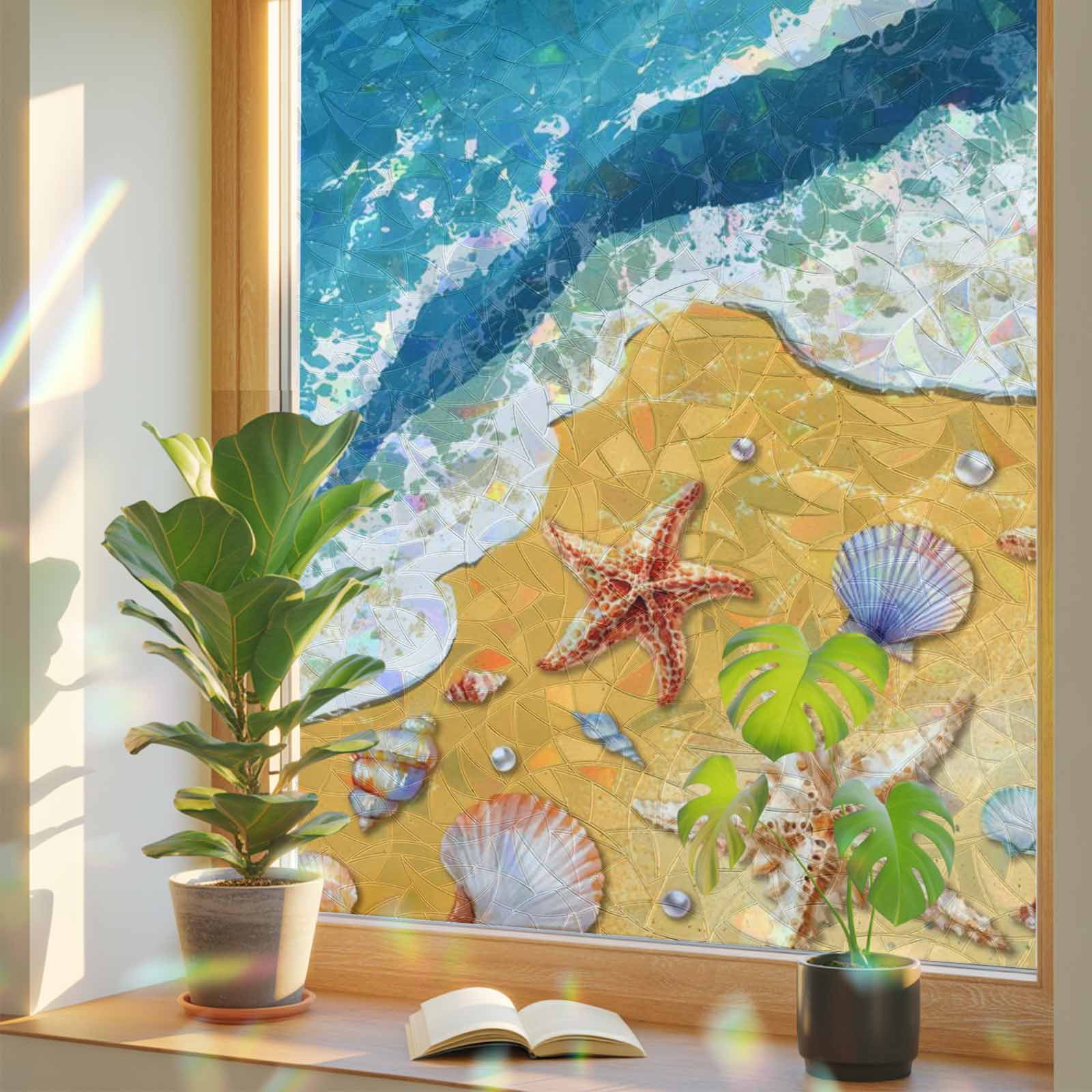 Coastal Ocean Starfish Shell Conch Window Privacy Film, Rainbow Film ...