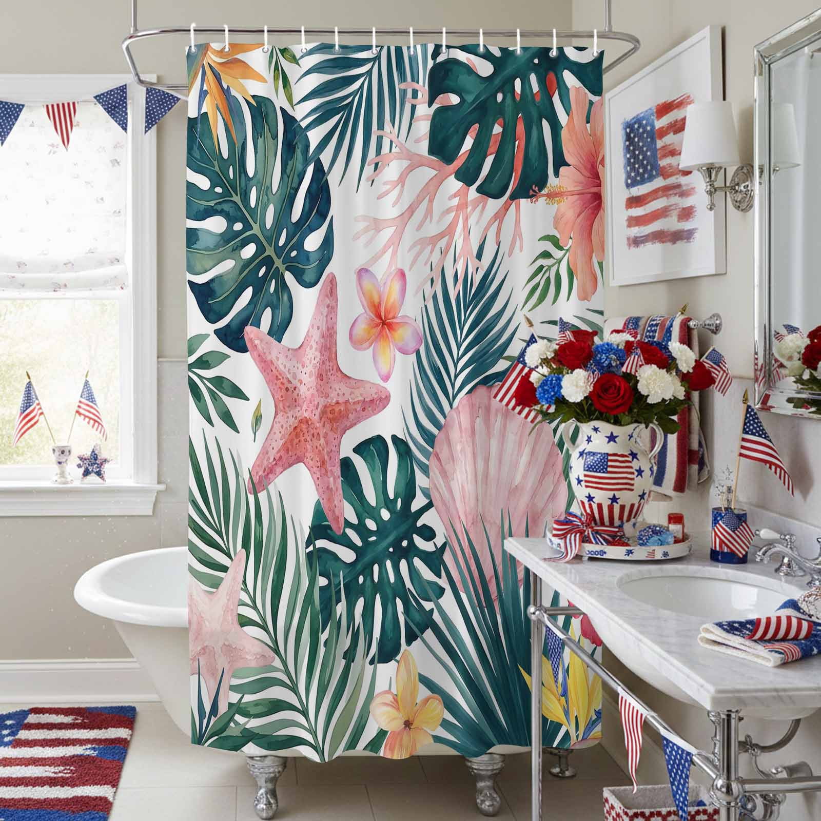 Coastal Ocean Starfish Shell Flower Shower Curtain for Bathroom ...