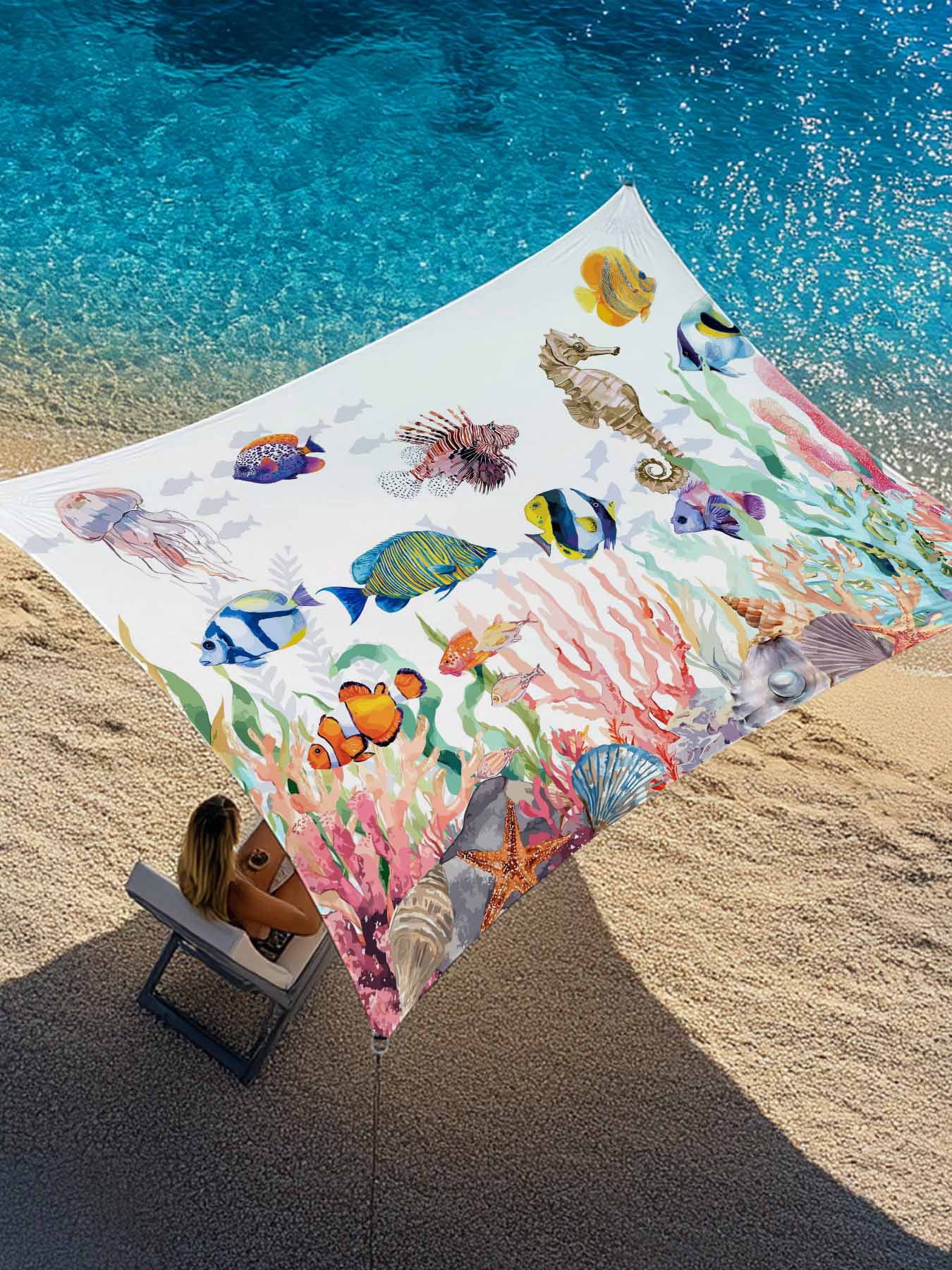 Coastal Ocean Sun Shade Sail 8' x 10', Seahorse Coral Seaweed Seashell ...