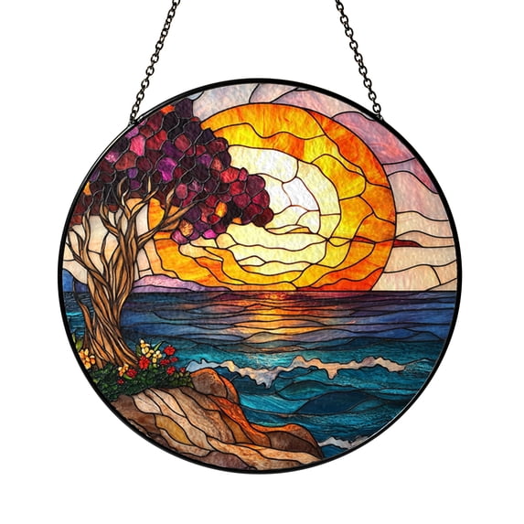 Coastal Ocean Sunset Glass Suncatcher, Tree Landscape Window Panel ...
