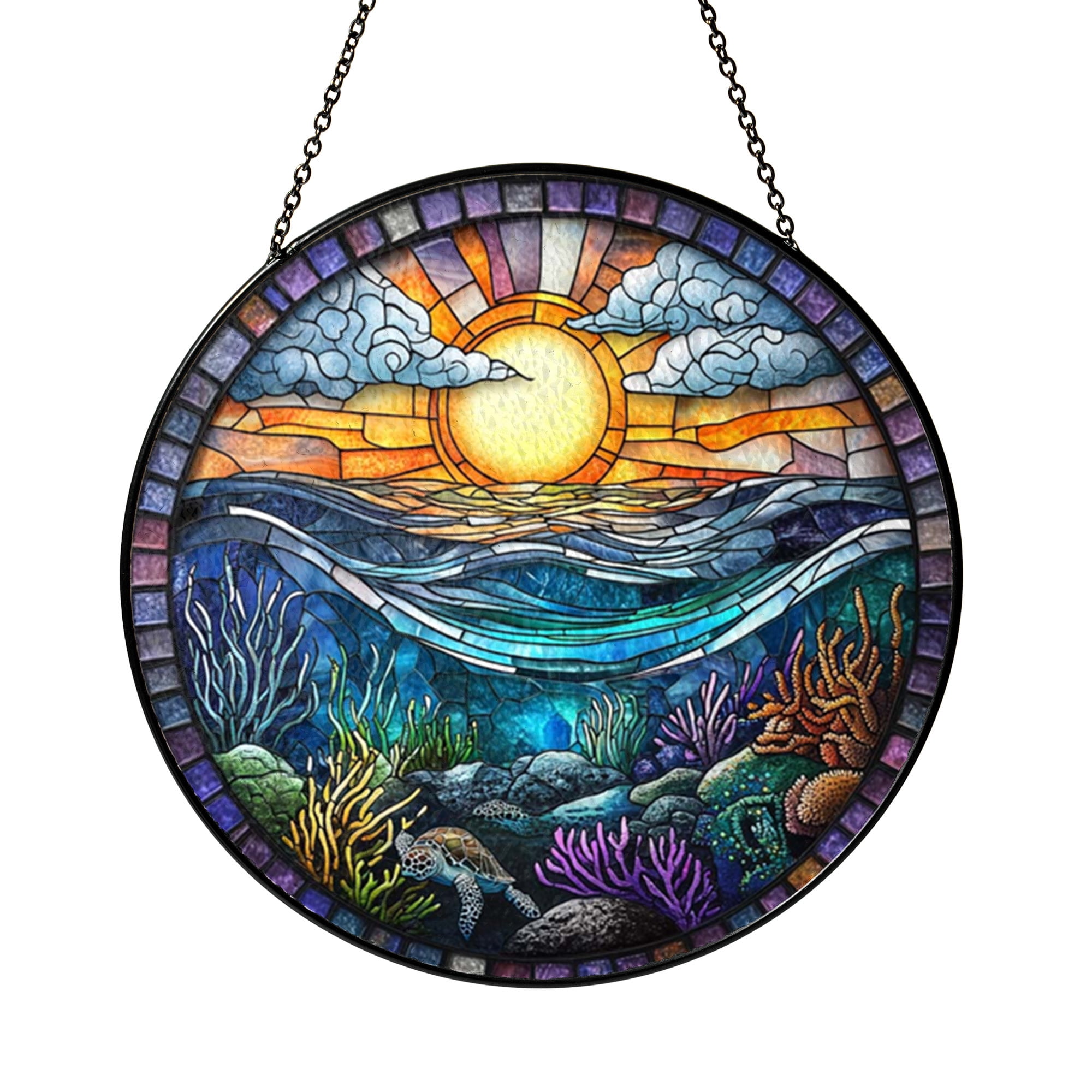 Coastal Ocean Sunset Stained Glass Window Hanging, Marine Wave ...