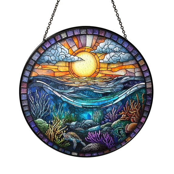 Coastal Ocean Sunset Stained Glass Window Hanging, Marine Wave ...