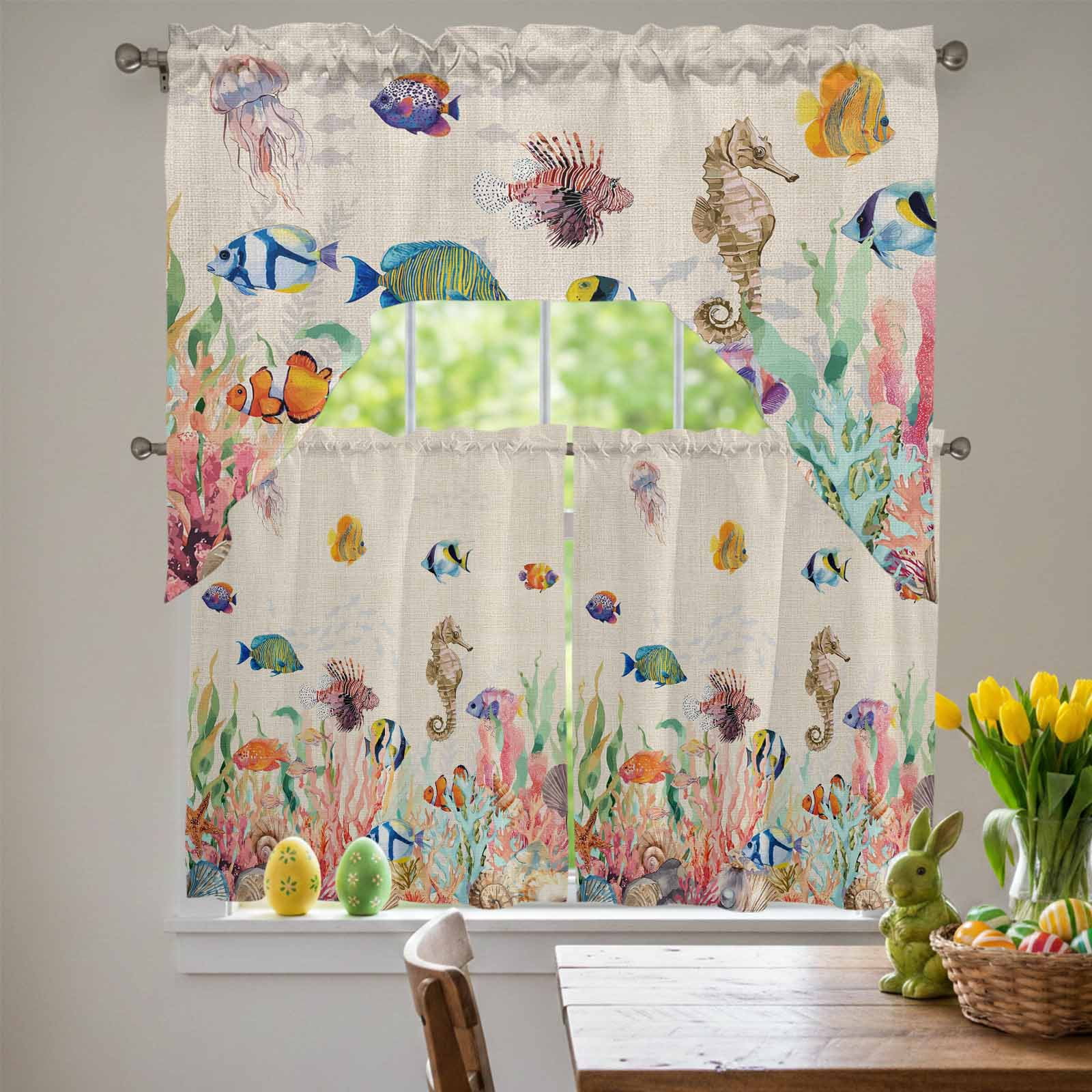 Coastal Ocean Swag Curtains Valance & Tier Set, Seahorse Coral Seaweed ...