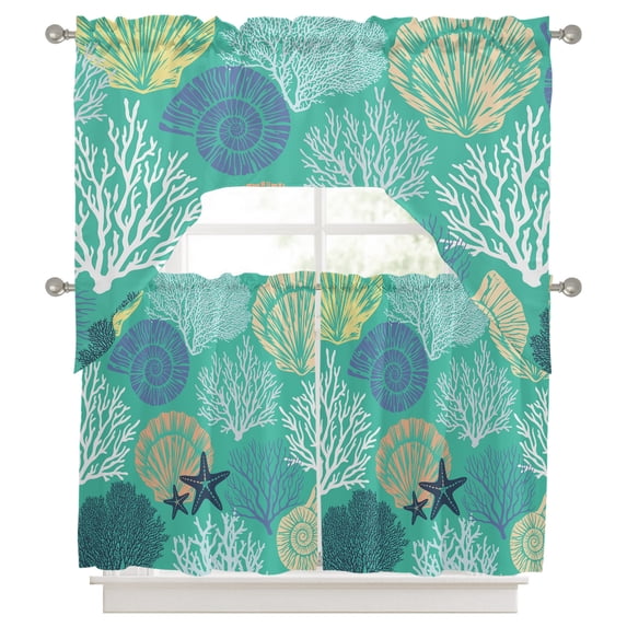 Coastal Ocean Swag Valance and Tier Set of 3, Starfish Shell Coral ...