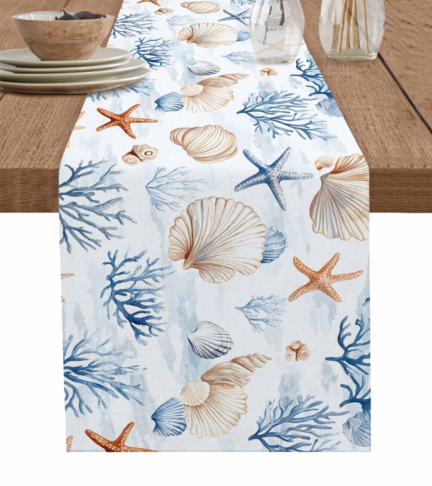 Coastal Ocean Table Runner 60 Inches, Coral Starfish Marine Life Shell ...