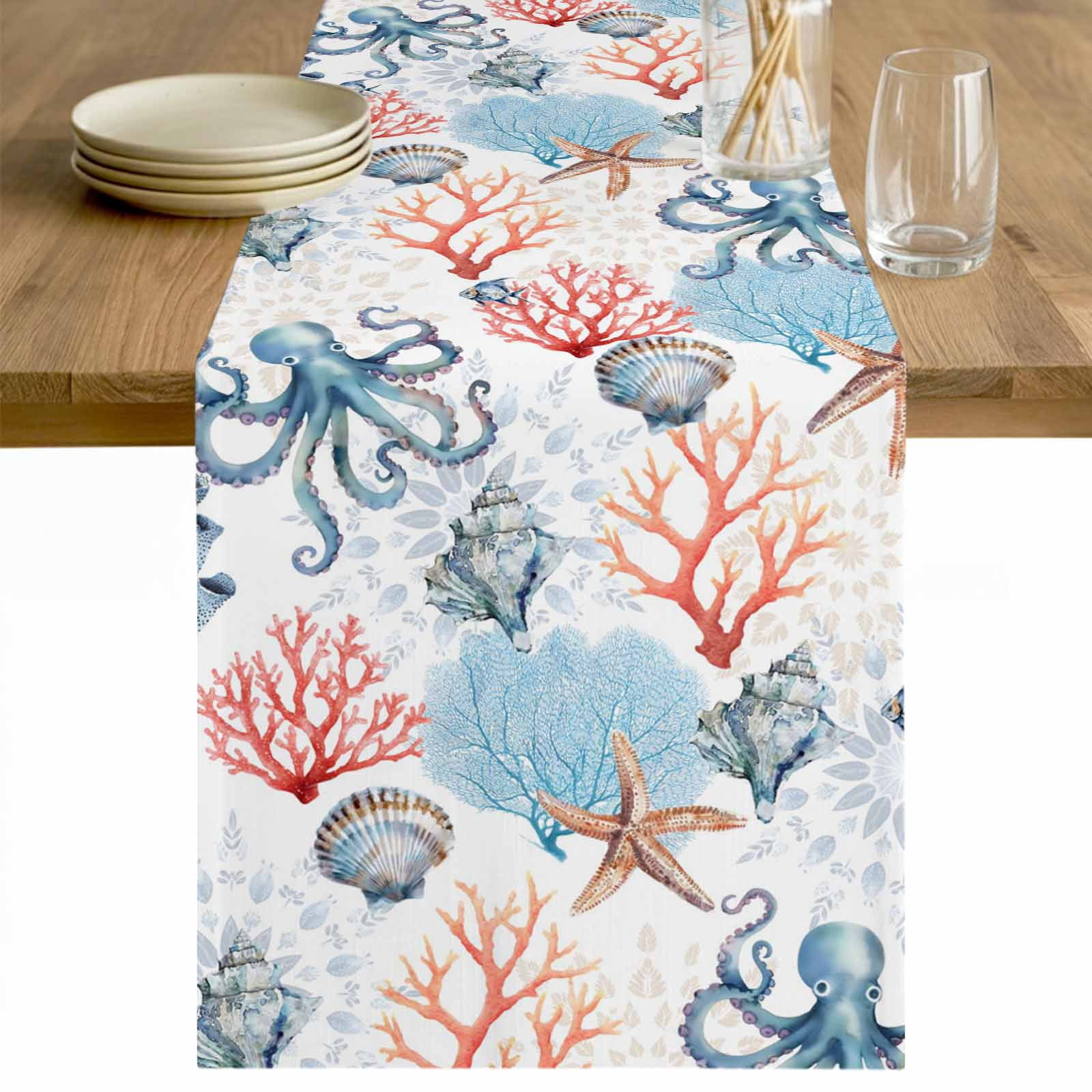 Coastal Ocean Table Runner - 70 Inch Long Summer Beach Nautical Octopus ...