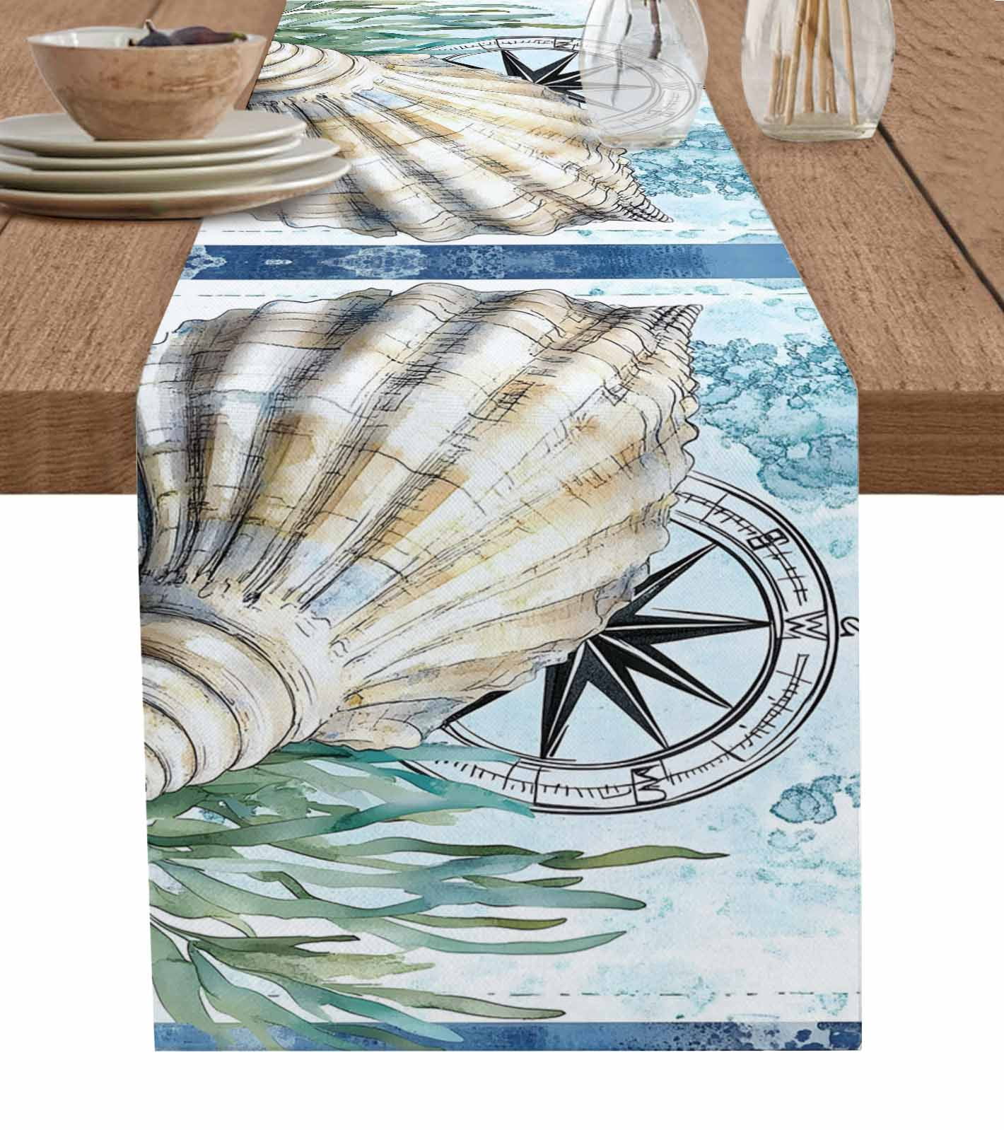 Coastal Ocean Table Runner 72 Inches, Summer Nautical Compass Shell ...