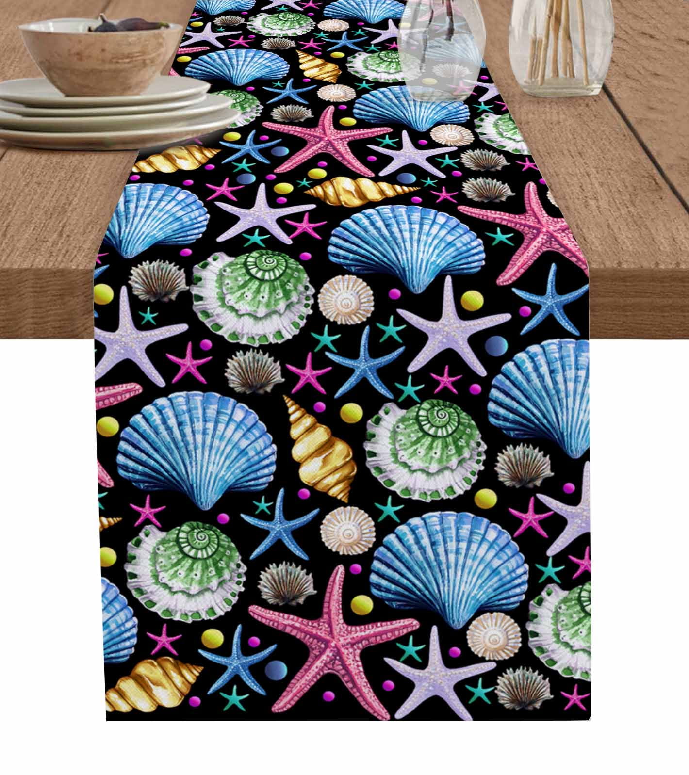 Coastal Ocean Table Runner 90 Inches, Blue Pink Shell Starfish Gold Sea ...