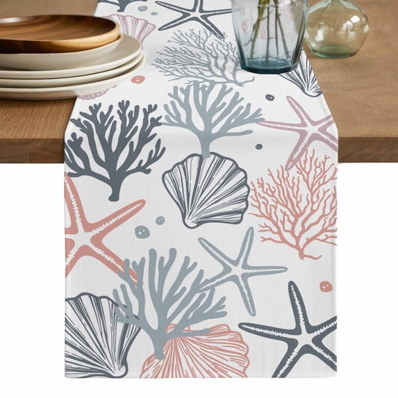 Coastal Ocean Table Runner, Green Pink Coral Starfish Seahorse Shell ...